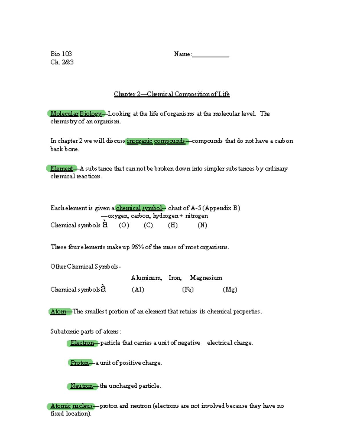 Bio 103 Ch. Chapter Composition of Life Molecular - Studocu