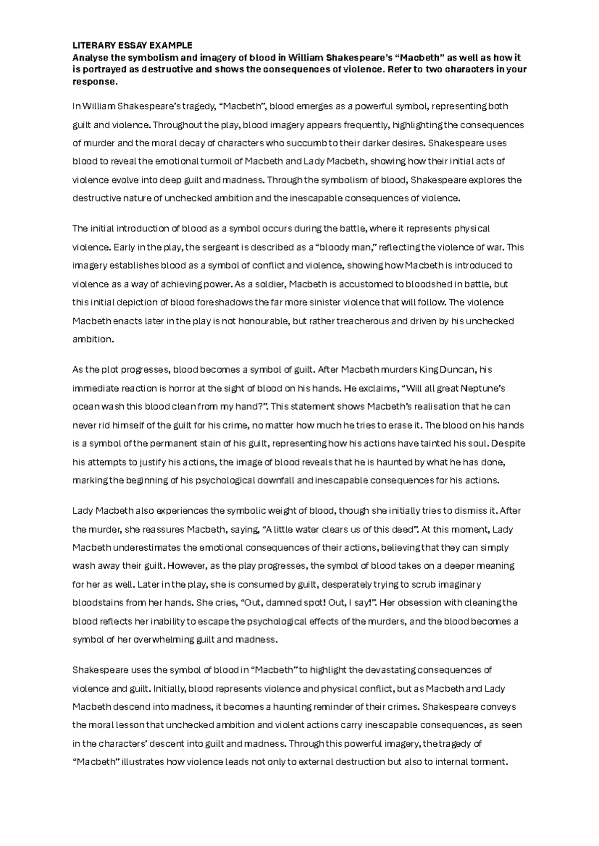 MACBETH Literary Essay Example - Blood - LITERARY ESSAY EXAMPLE Analyse ...