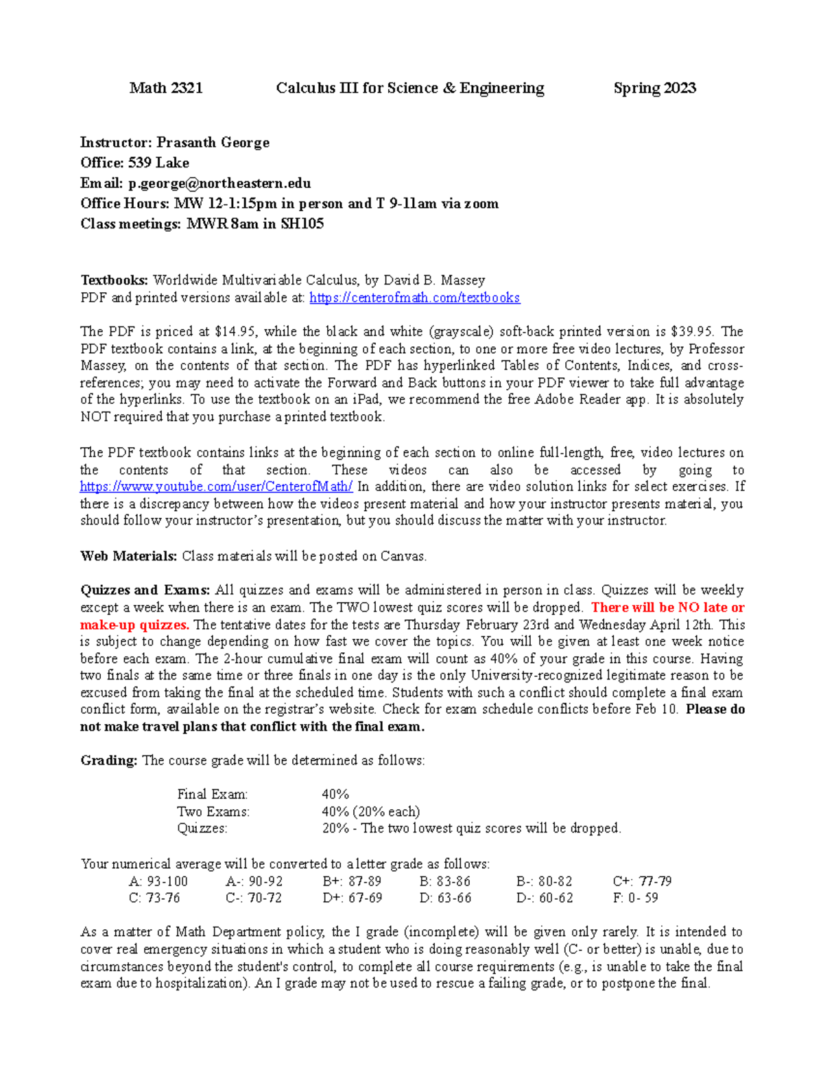 2321 Spring 2023 Syllabus-1 - Math 2321 Calculus III for Science ...