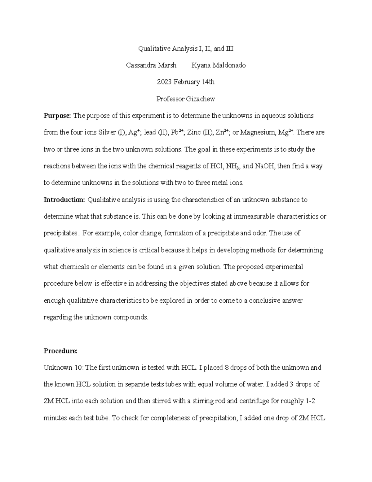 Qualitative Analysis I, II, and III Lab Report - Qualitative Analysis I ...