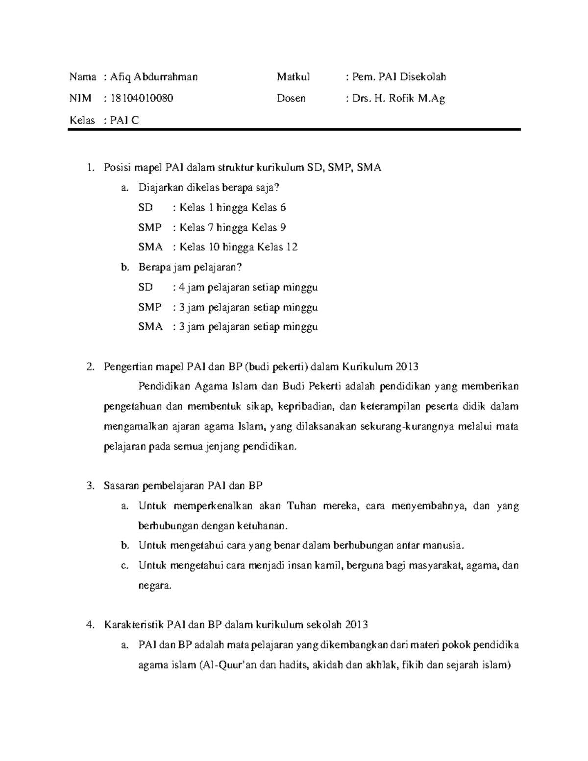 Pengertian mapel PAI dan budi pekerti, dan lain-lain - Nama : Afiq ...