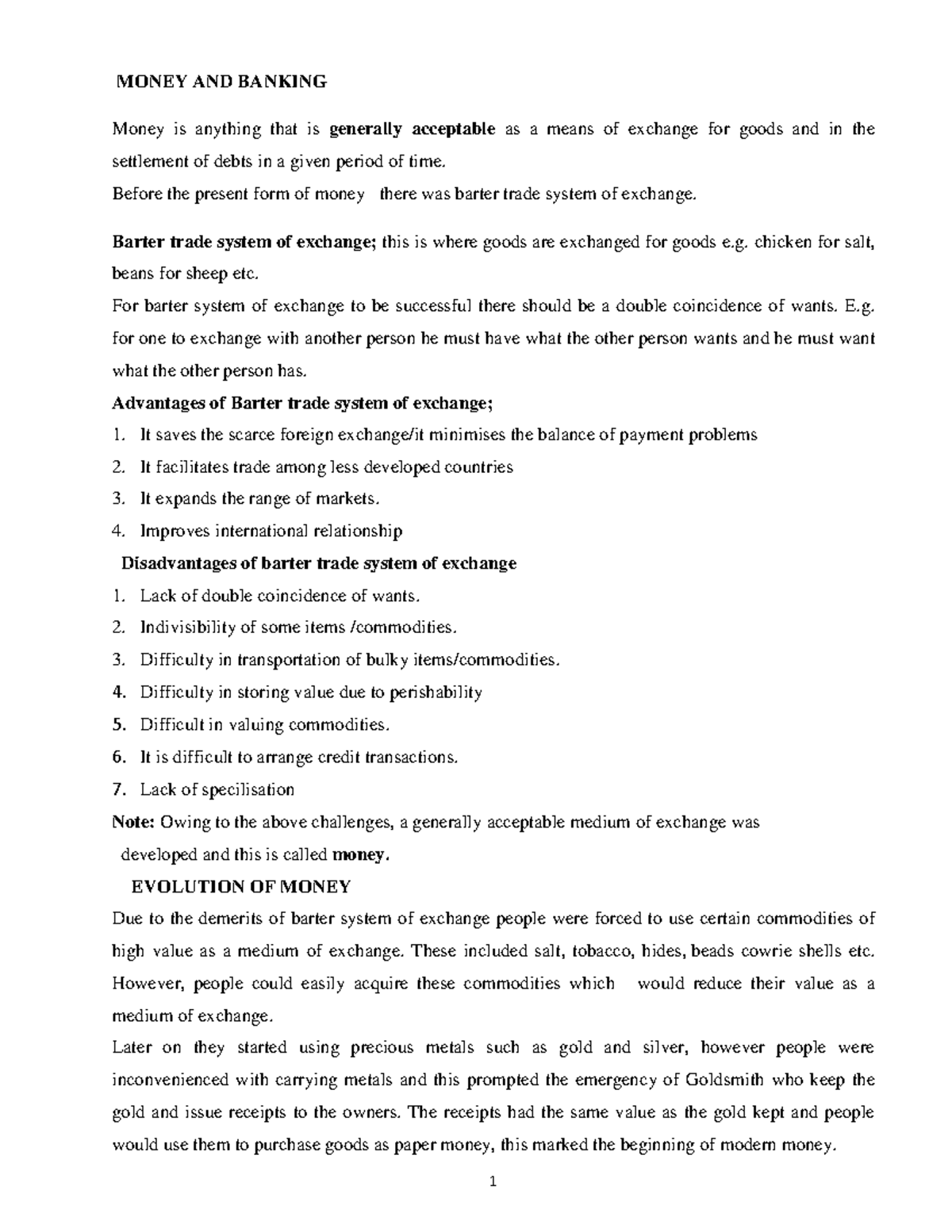 General 250 1589934430 - MONEY AND BANKING Money is anything that is ...