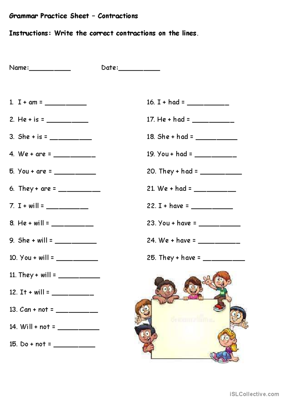 Contractions Test - Activities in class - Grammar Practice Sheet ...