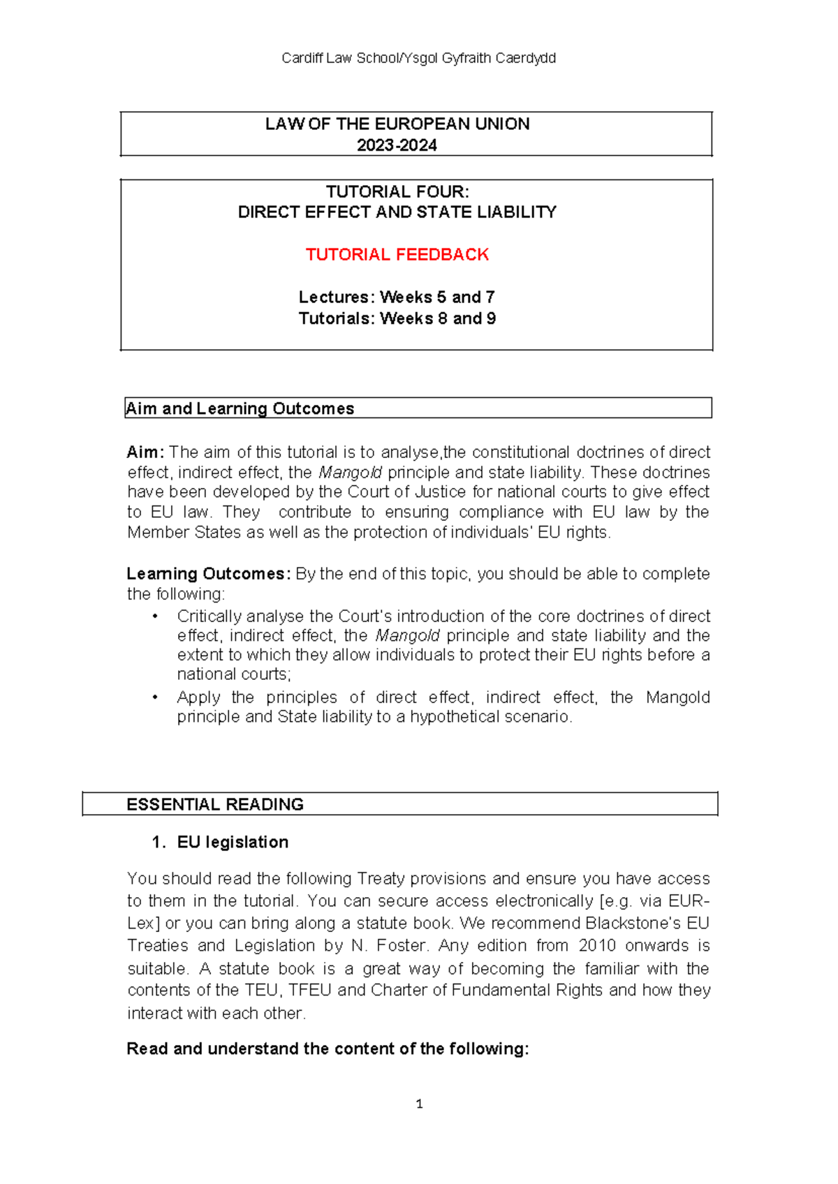 Tutorial 4 DESL Feedback - LAW OF THE EUROPEAN UNION 2023- TUTORIAL ...