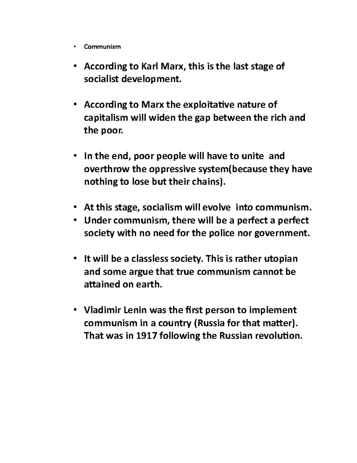 Notes 9 - Communism According to Karl Marx, this is the last stage of ...