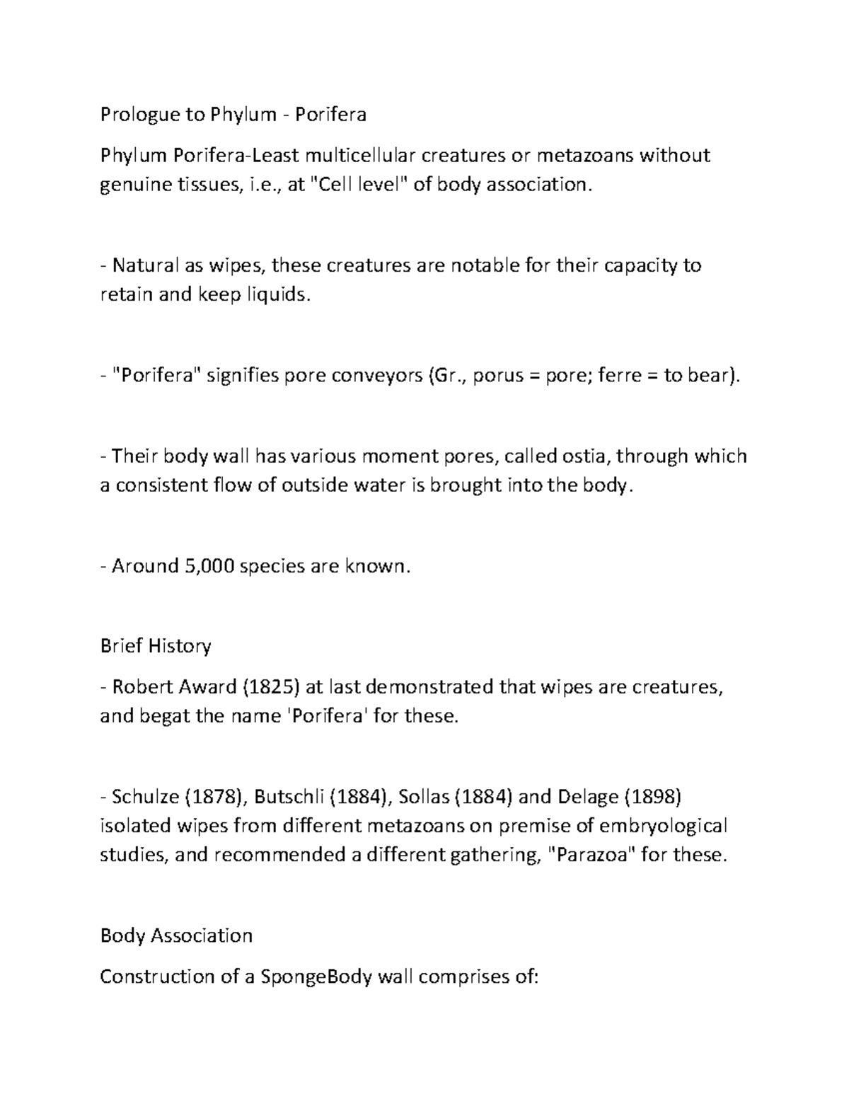 Document - Notes - Prologue to Phylum - Porifera Phylum Porifera-Least ...