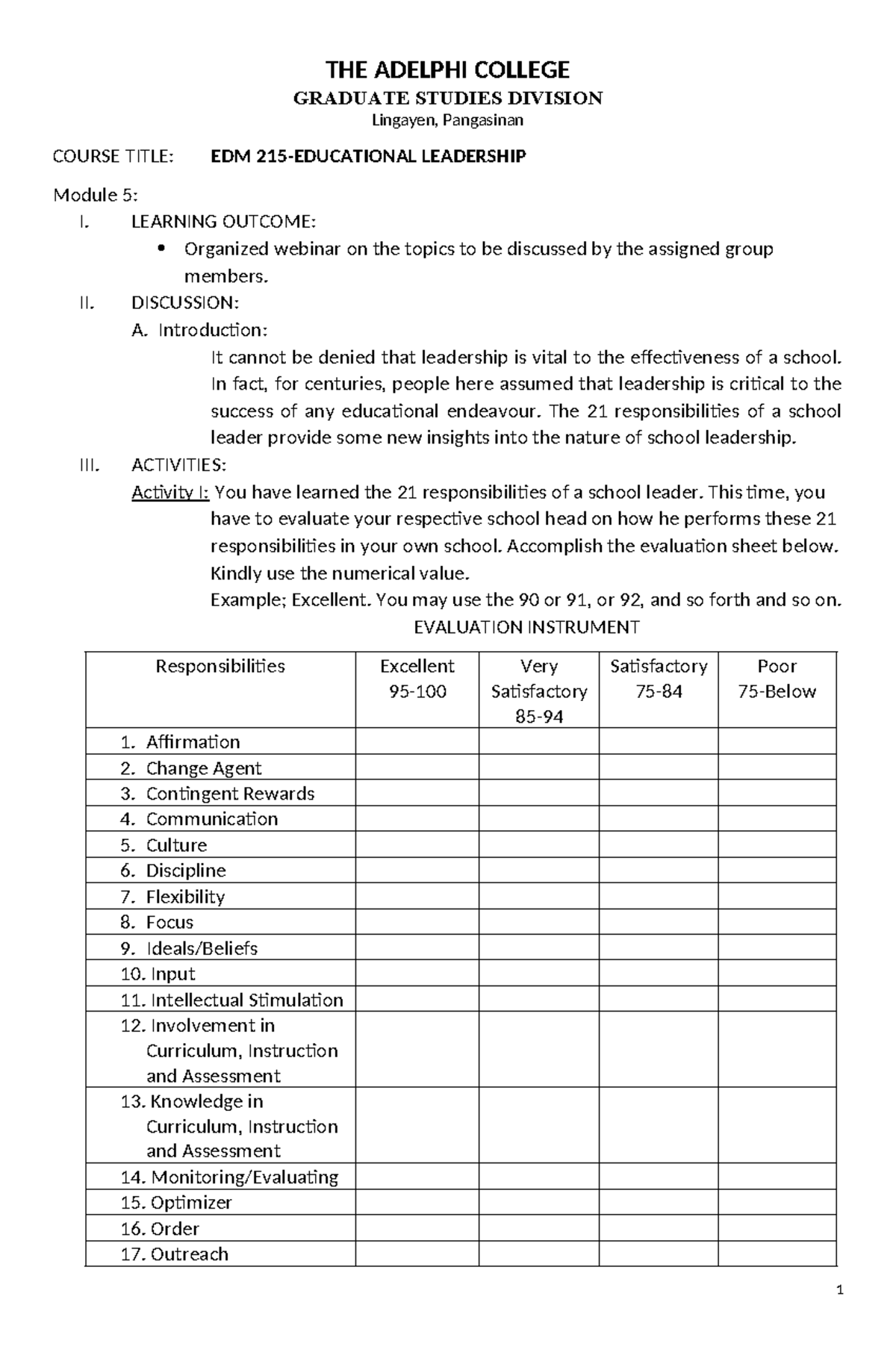 Module 5 EDM 215 Educational Leadership - THE ADELPHI COLLEGE GRADUATE ...