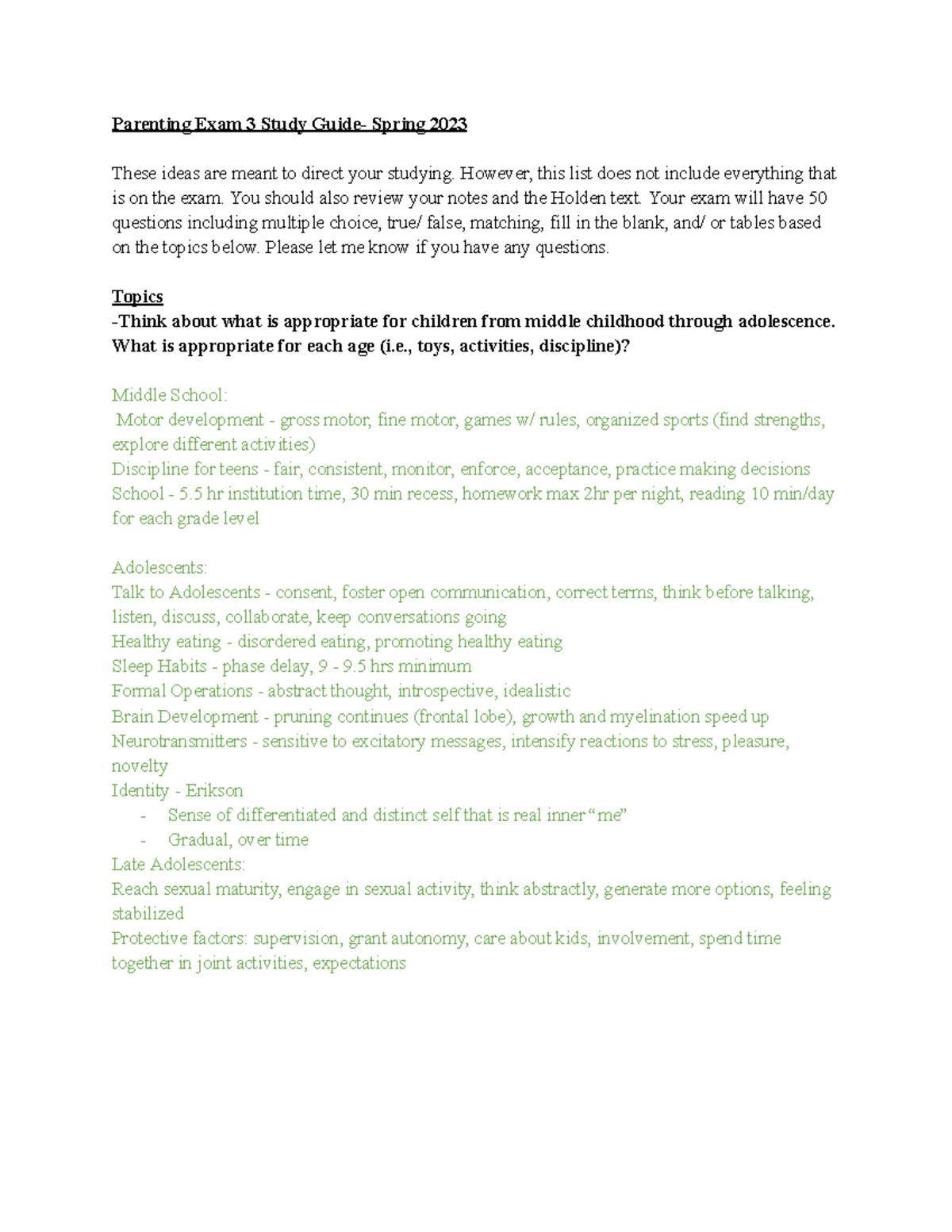 Parenting Exam 3 Study Guide - Parenting Exam 3 Study Guide- Spring ...