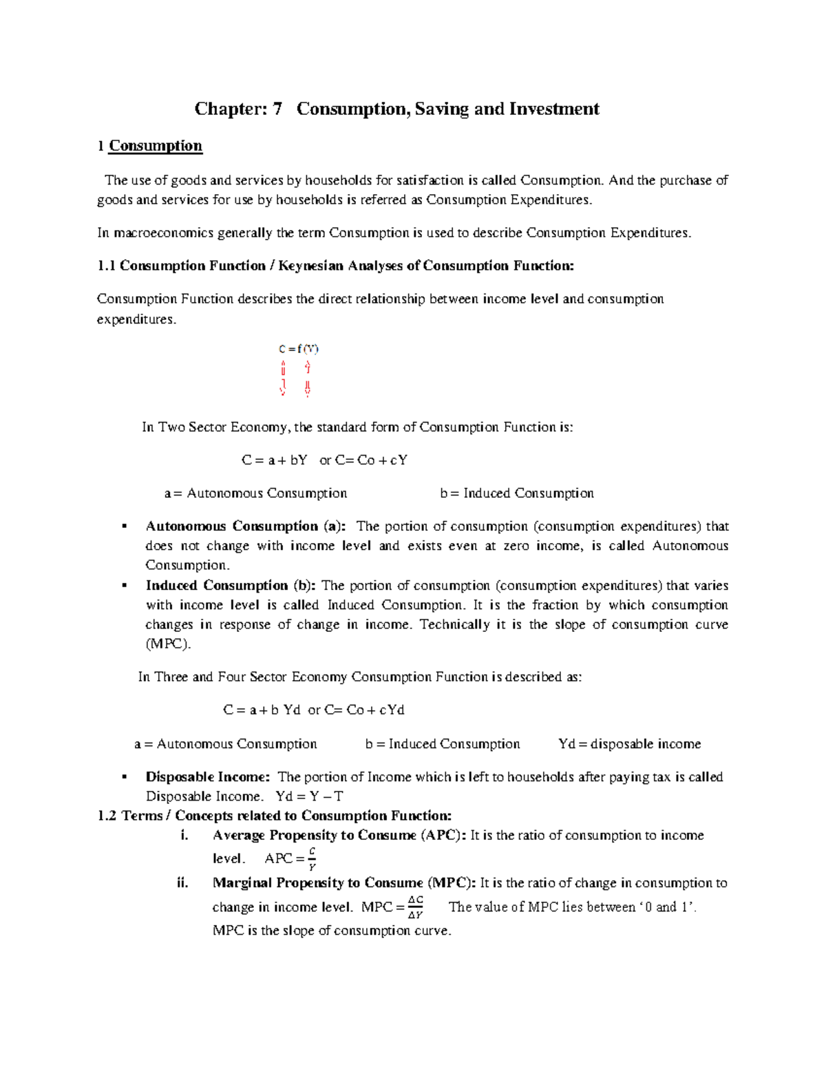 PRC- Ch 7 Economics - notes - Chapter: 7 Consumption, Saving and ...