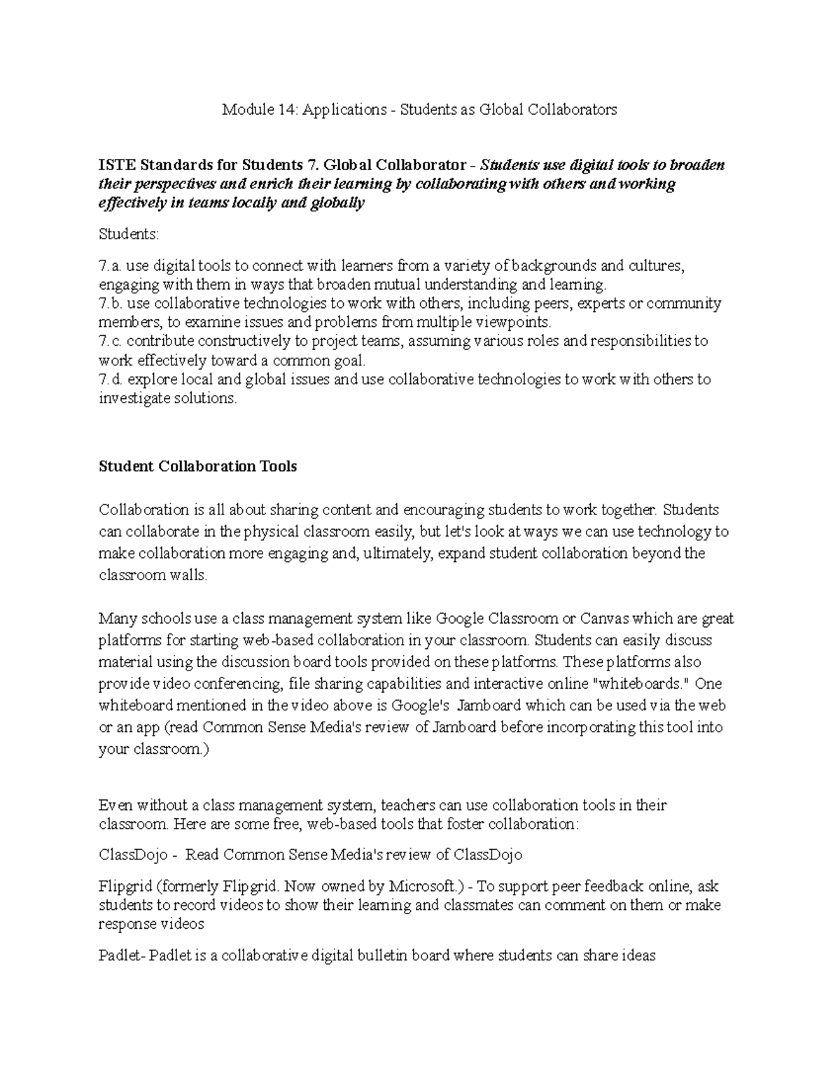 Module 14 Applications - Students as Global Collaborators - Module 14 ...