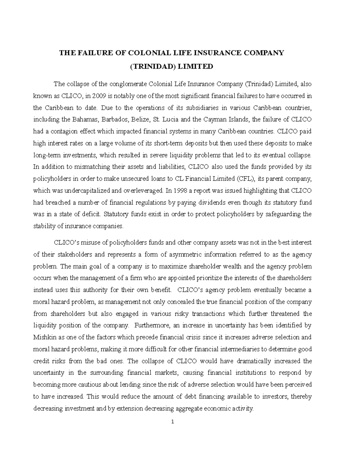 Failure of Clico (Trinidad) - THE FAILURE OF COLONIAL LIFE INSURANCE ...