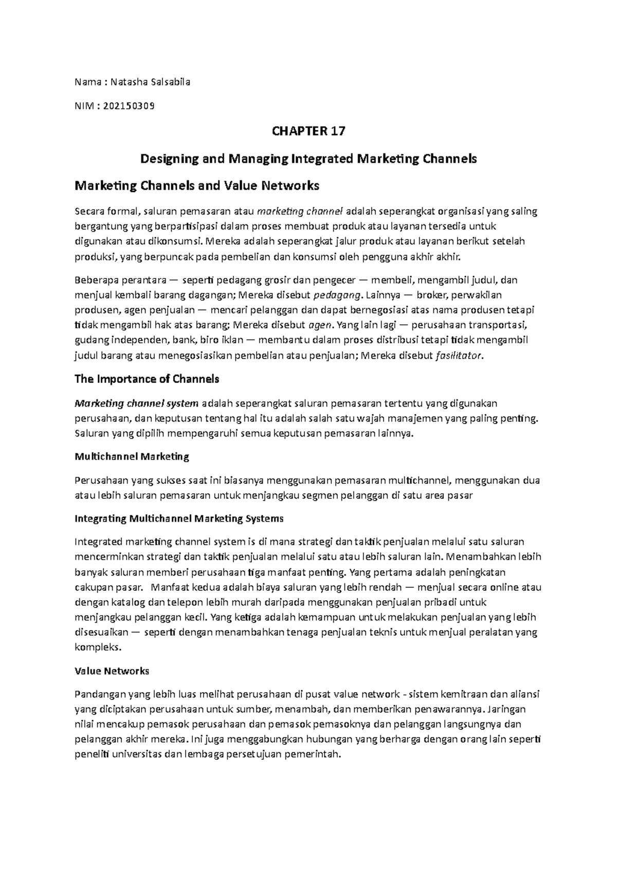 Resume MP Chapter 17 - Marketing Management 15e - Nama : Natasha Salsabila NIM : 202150309 ...