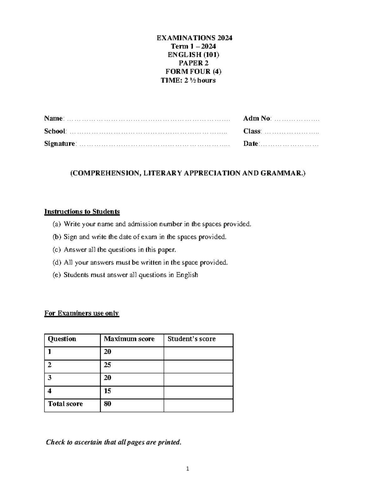English F4 PP2 - EXAMINATIONS 2024 Term 1 – 2024 ENGLISH (101) PAPER 2 ...