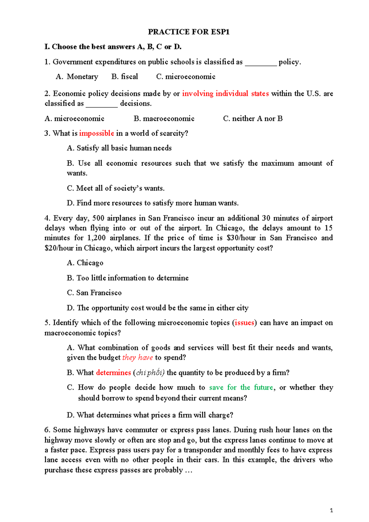 Practice Exercises FOR U1 Micro & Macro - PRACTICE FOR ESP I. Choose ...