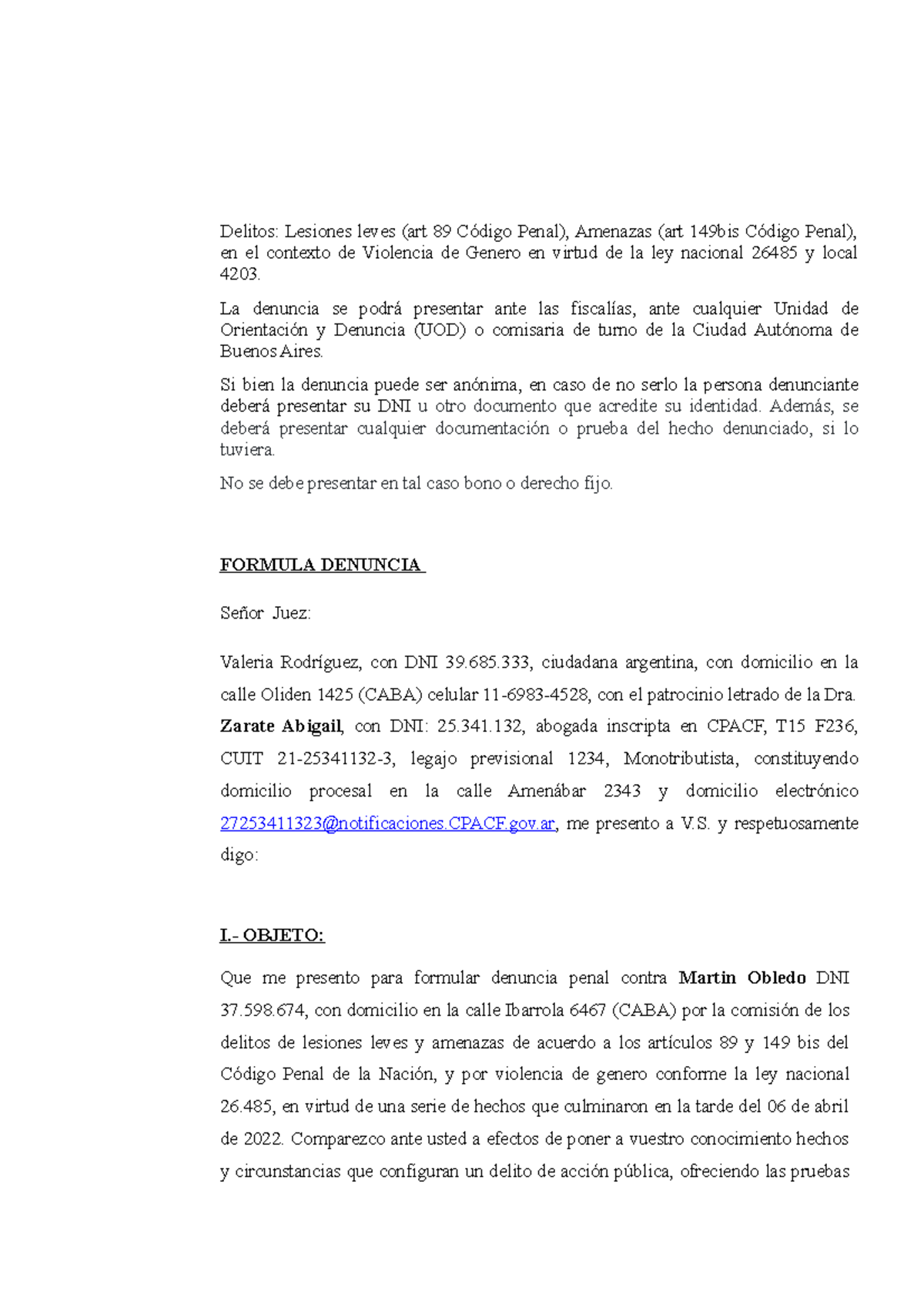 Formula Denuncia lucila - Delitos: Lesiones leves (art 89 Código Penal ...