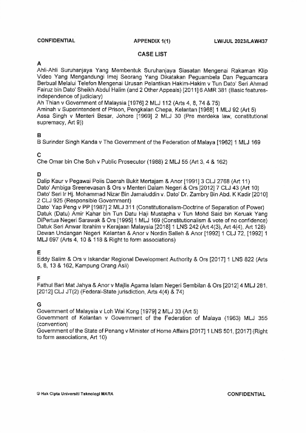 LIST OF CASE LAWS PROVIDED - Constitutional Law I - Studocu
