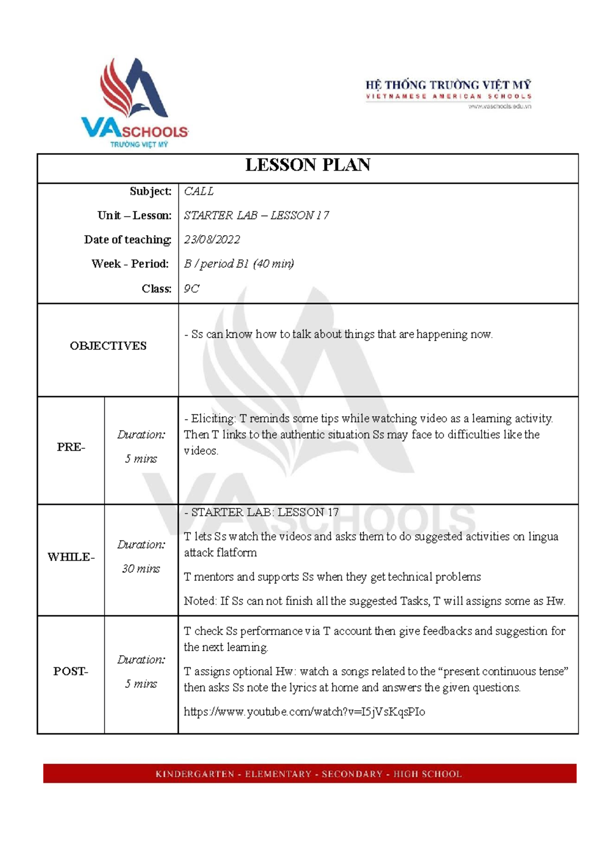 Hung call9 wb pb1 - ielts lesson plan - LESSON PLAN Subject: Unit ...