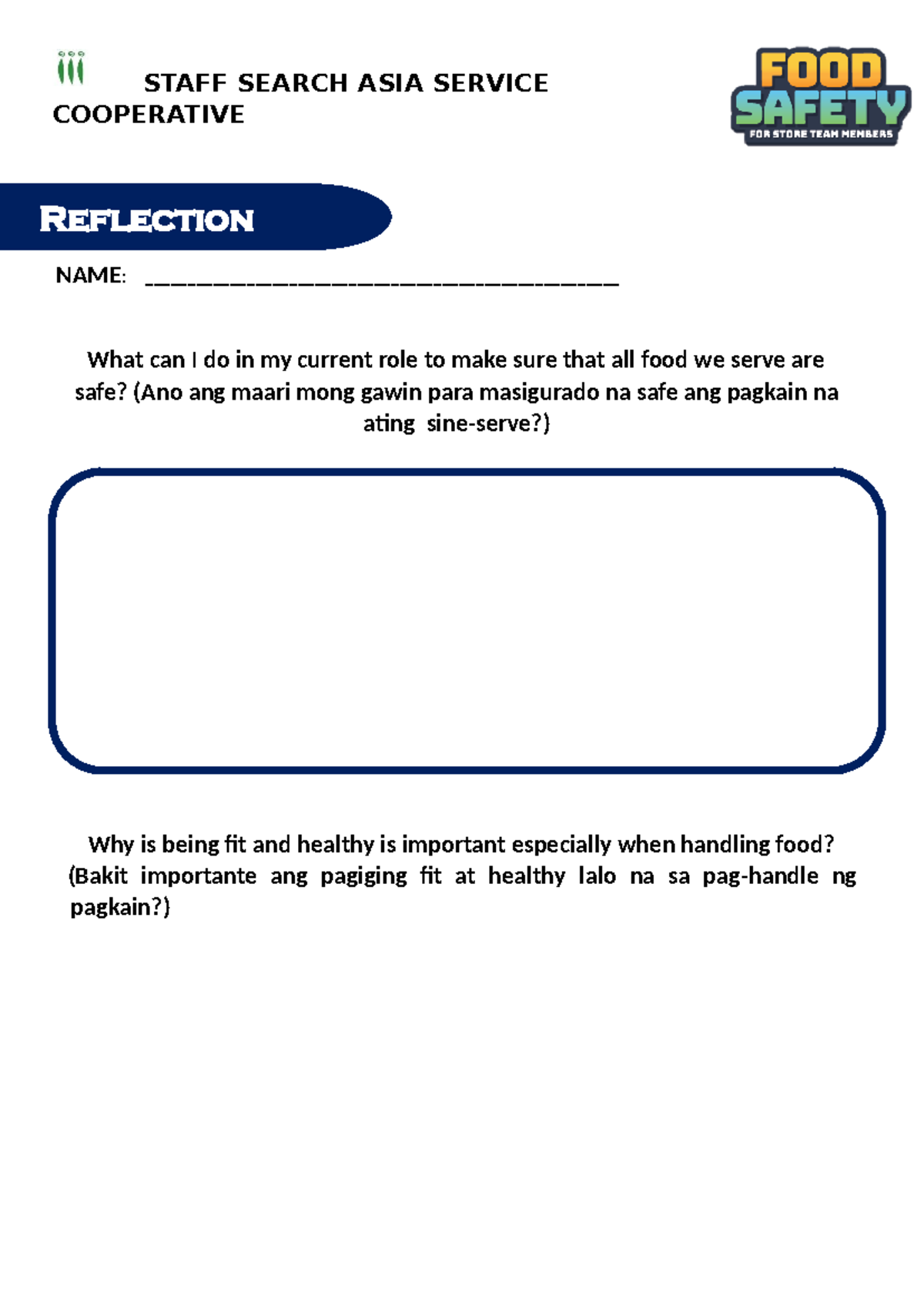 New Food Safety Workbook - STAFF SEARCH ASIA SERVICE COOPERATIVE NAME ...