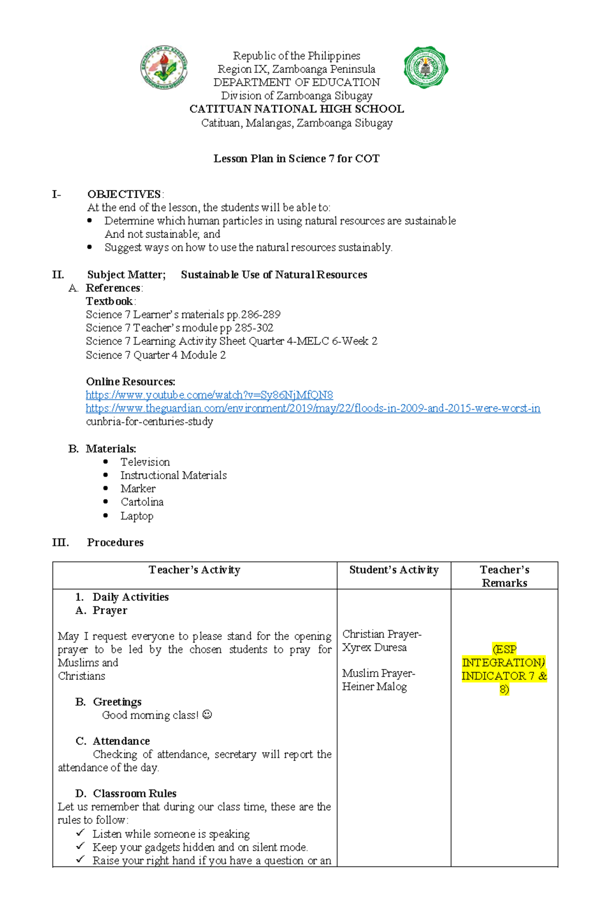 Science Lesson Plan CO 2nd quarter (Abiotic and Biotic) - Republic of the Philippines Region IX ...