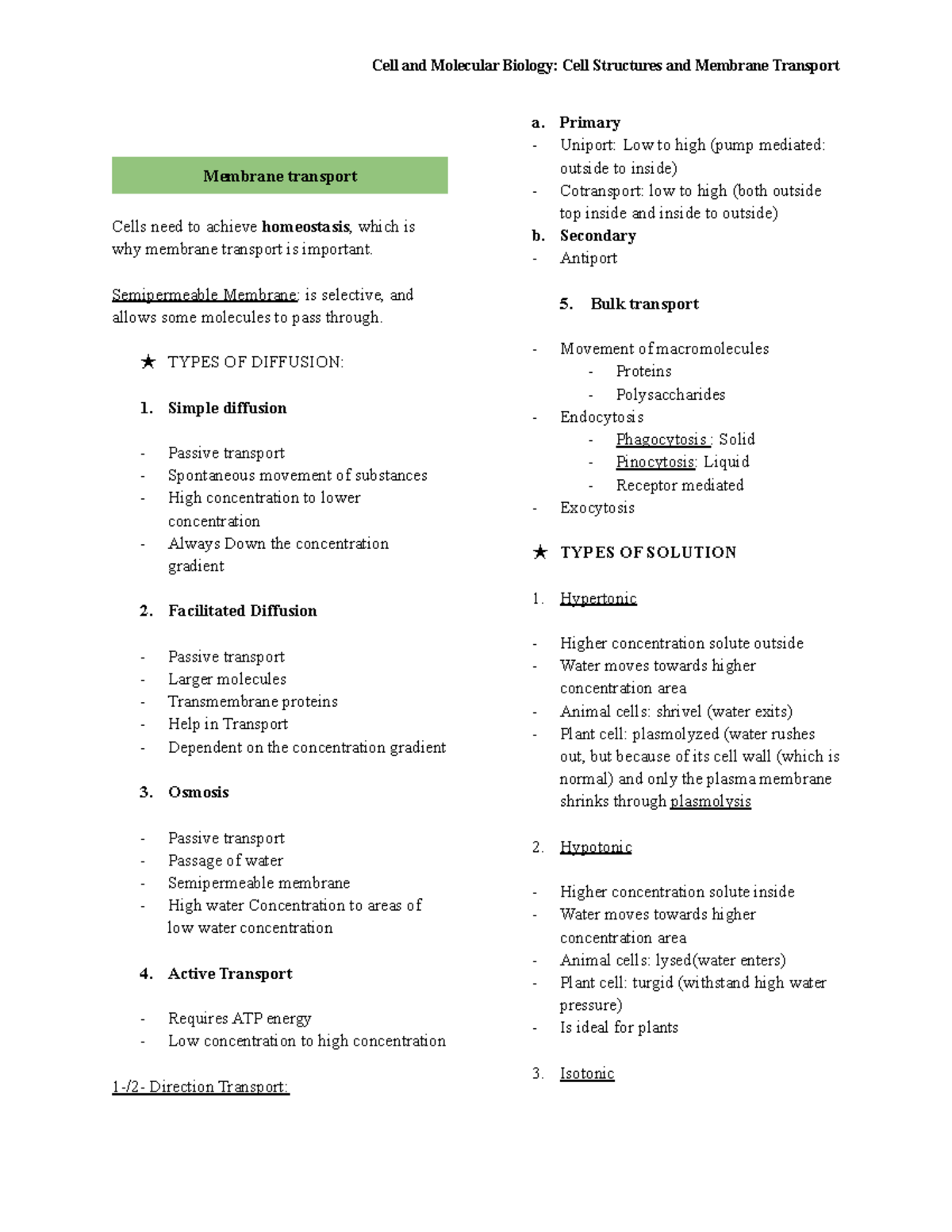 Molecular Biology Cells Structures and Membrane Transport Notes - Cell ...