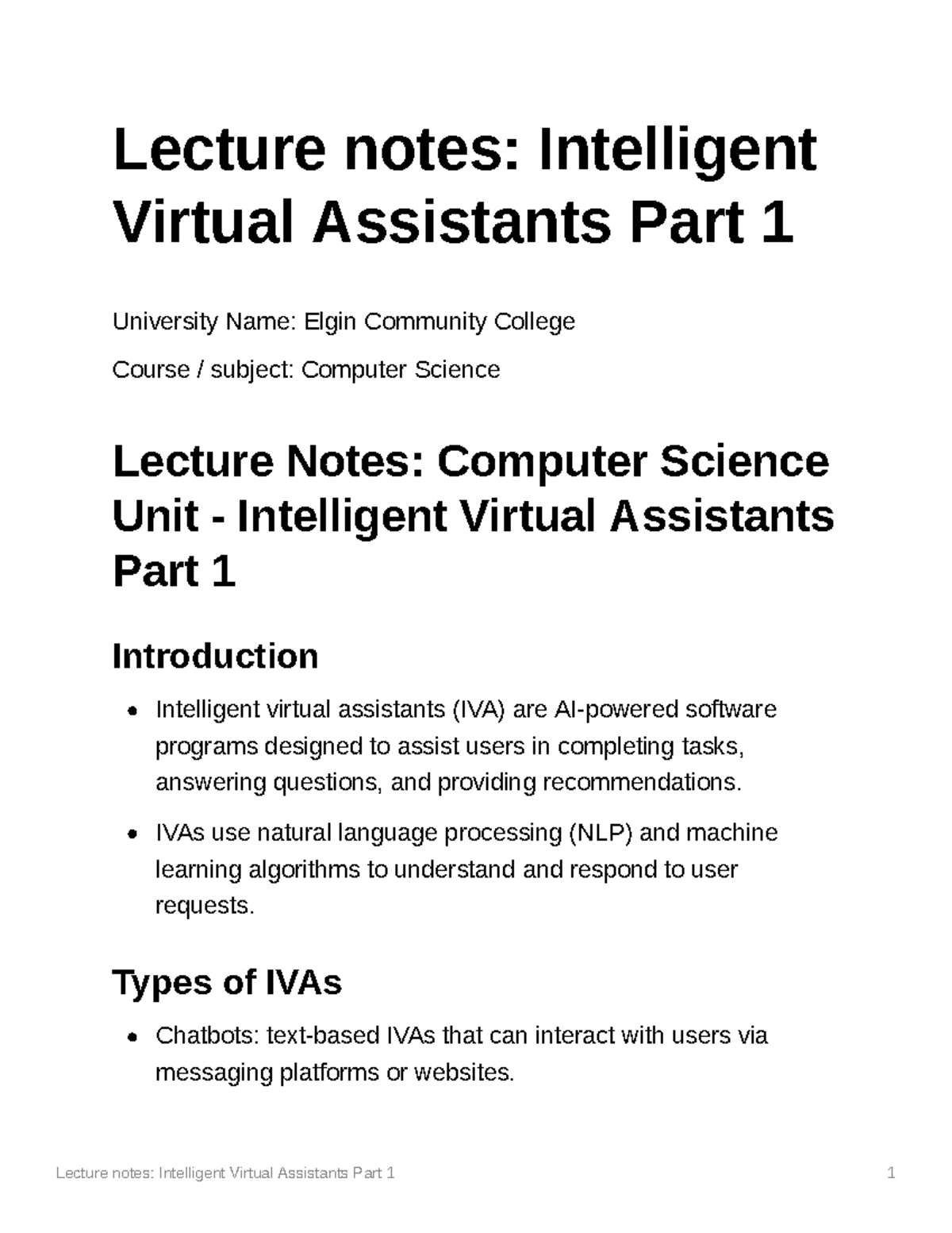 Lecture notes Intelligent Virtual Assistants Part 1 - Lecture notes ...