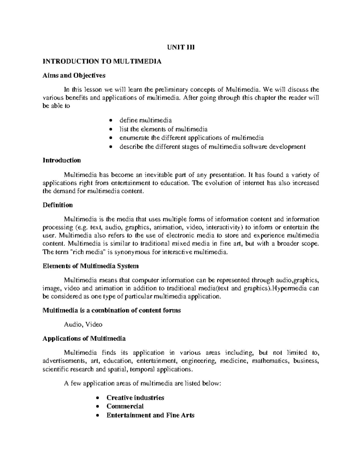 UNIT III MM-converted - UNIT III INTRODUCTION TO MULTIMEDIA Aims and ...