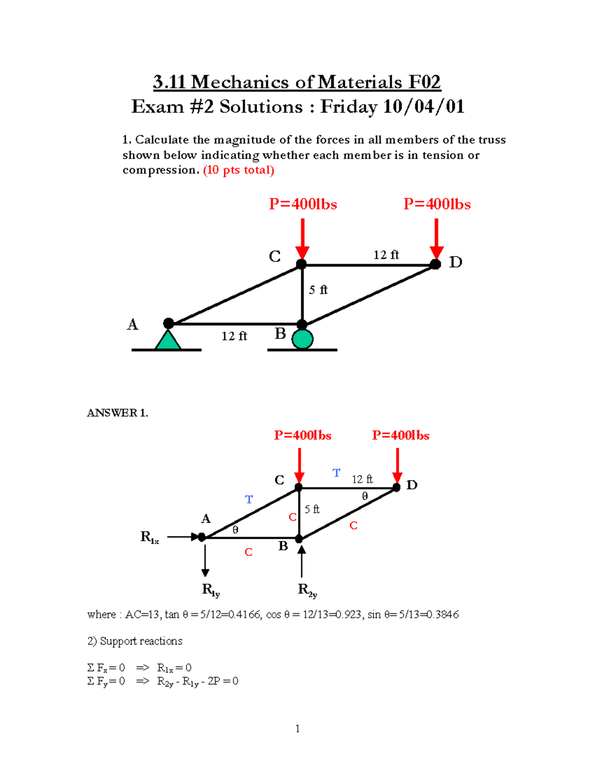 Solids of Mechanics Exam Solutions 1 - 3 Mechanics of Materials F02 ...