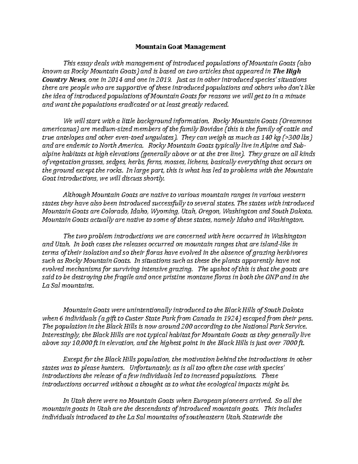 Mountain Goat Eradication new - Mountain Goat Management This essay ...