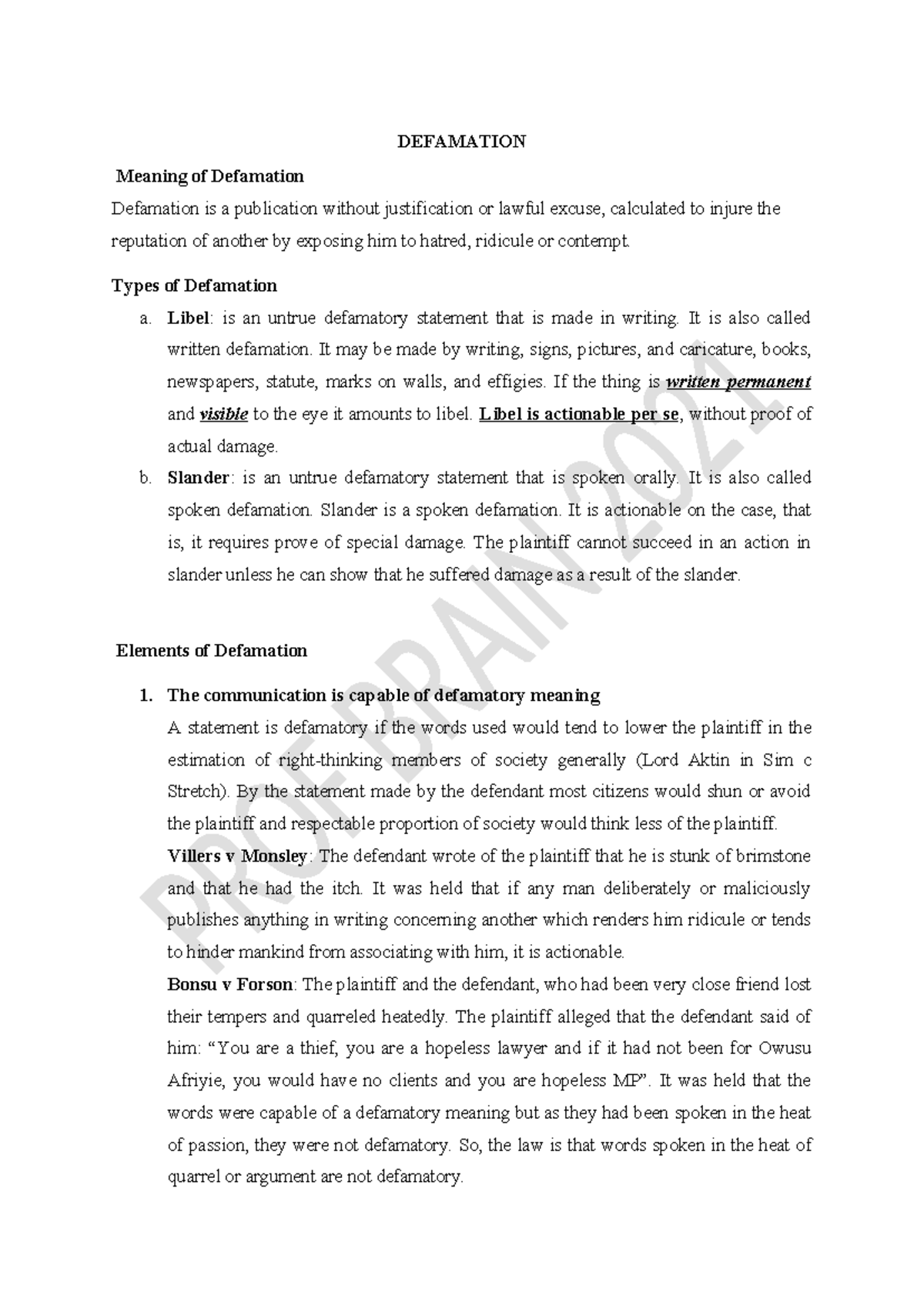 Defamation Notes Summary - DEFAMATION Meaning of Defamation Defamation ...
