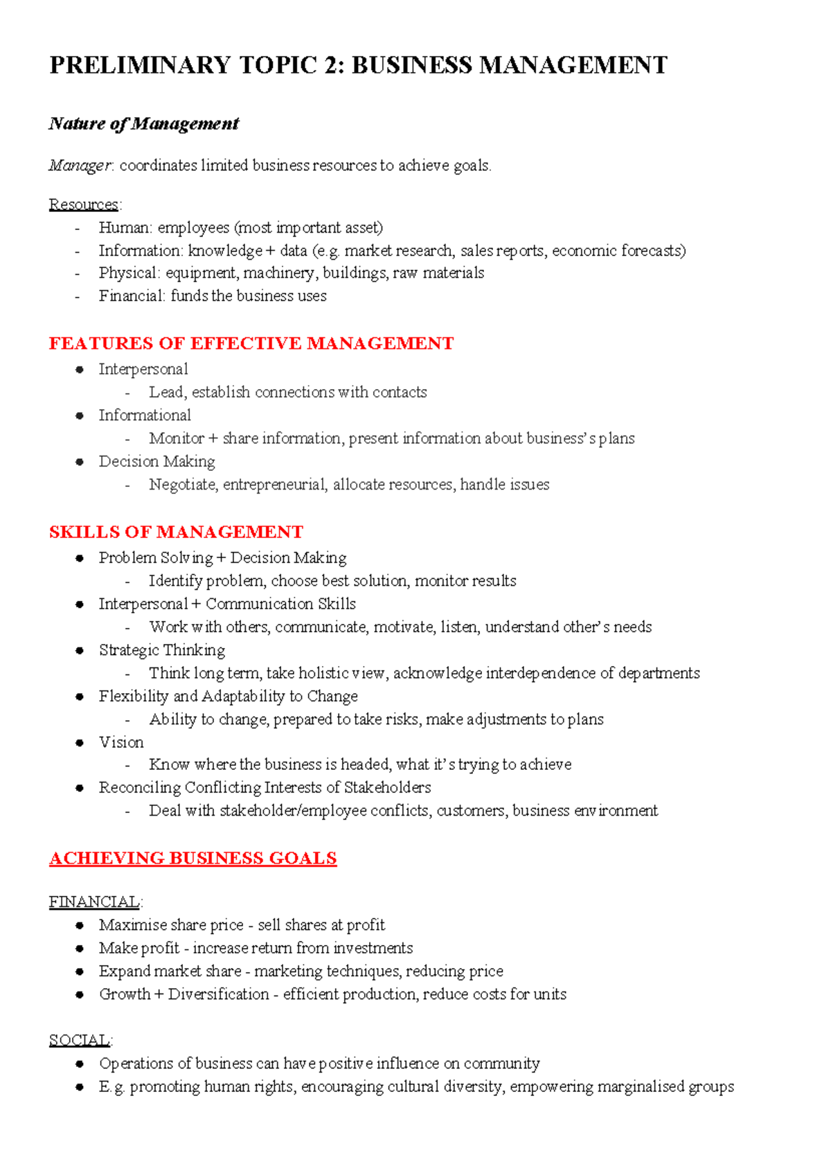 2019 BUS Topic 2 Notes - PRELIMINARY TOPIC 2: BUSINESS MANAGEMENT ...