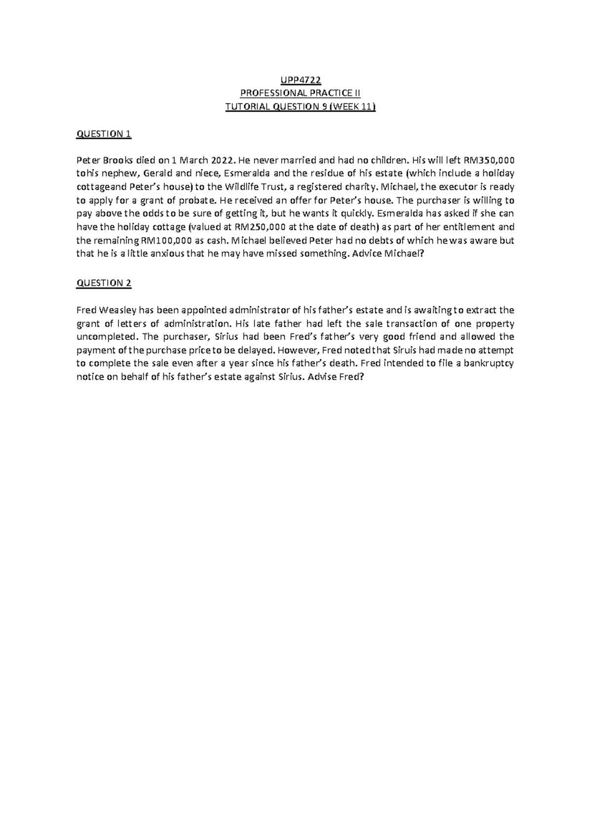 Tutorial 9 Week 11 (03 - UPP PROFESSIONAL PRACTICE II TUTORIAL QUESTION 9 (WEEK 11) QUESTION 1 ...