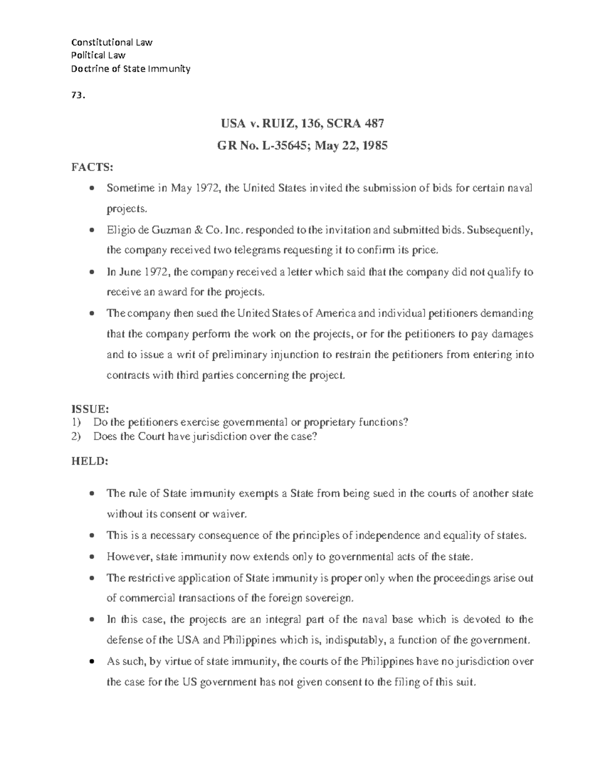 73. US V RUIZ-state immunity - Constitutional Law Political Law ...