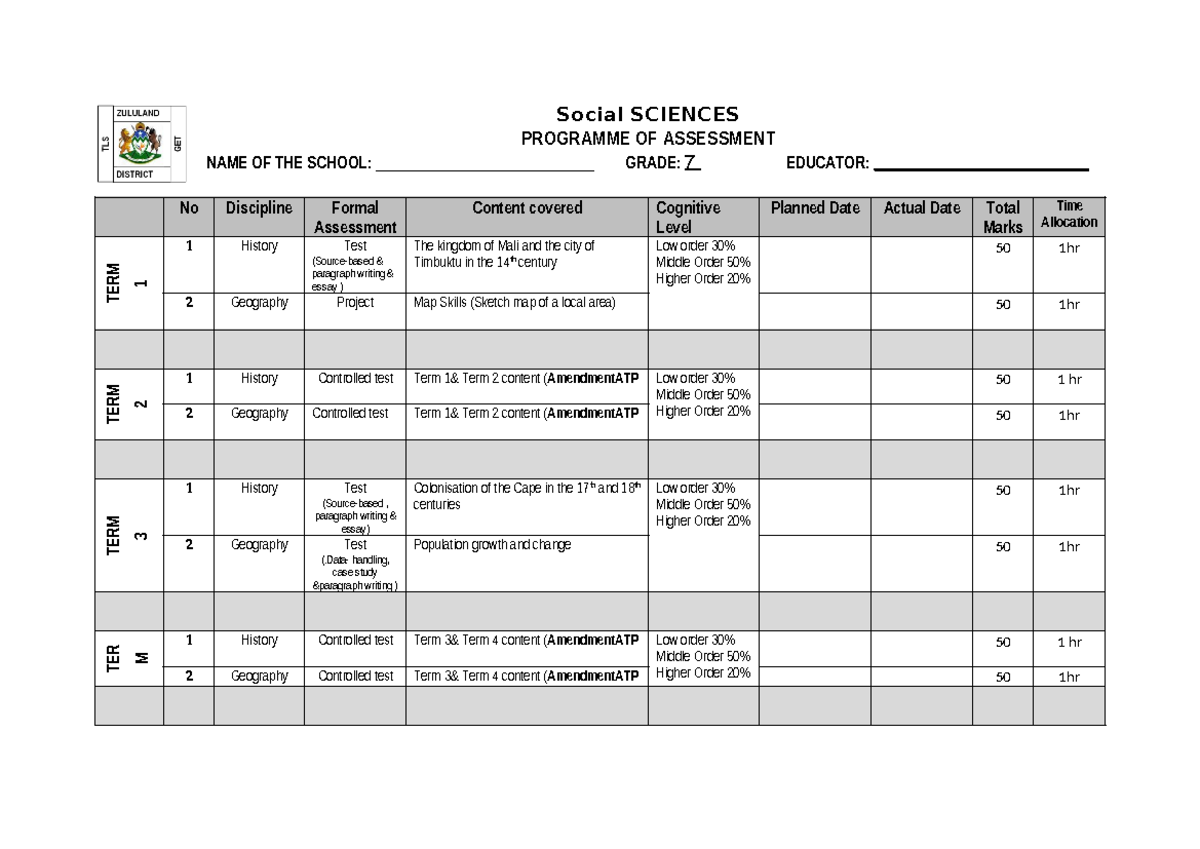 CAPS Senior POA - student - Social SCIENCES PROGRAMME OF ASSESSMENT ...