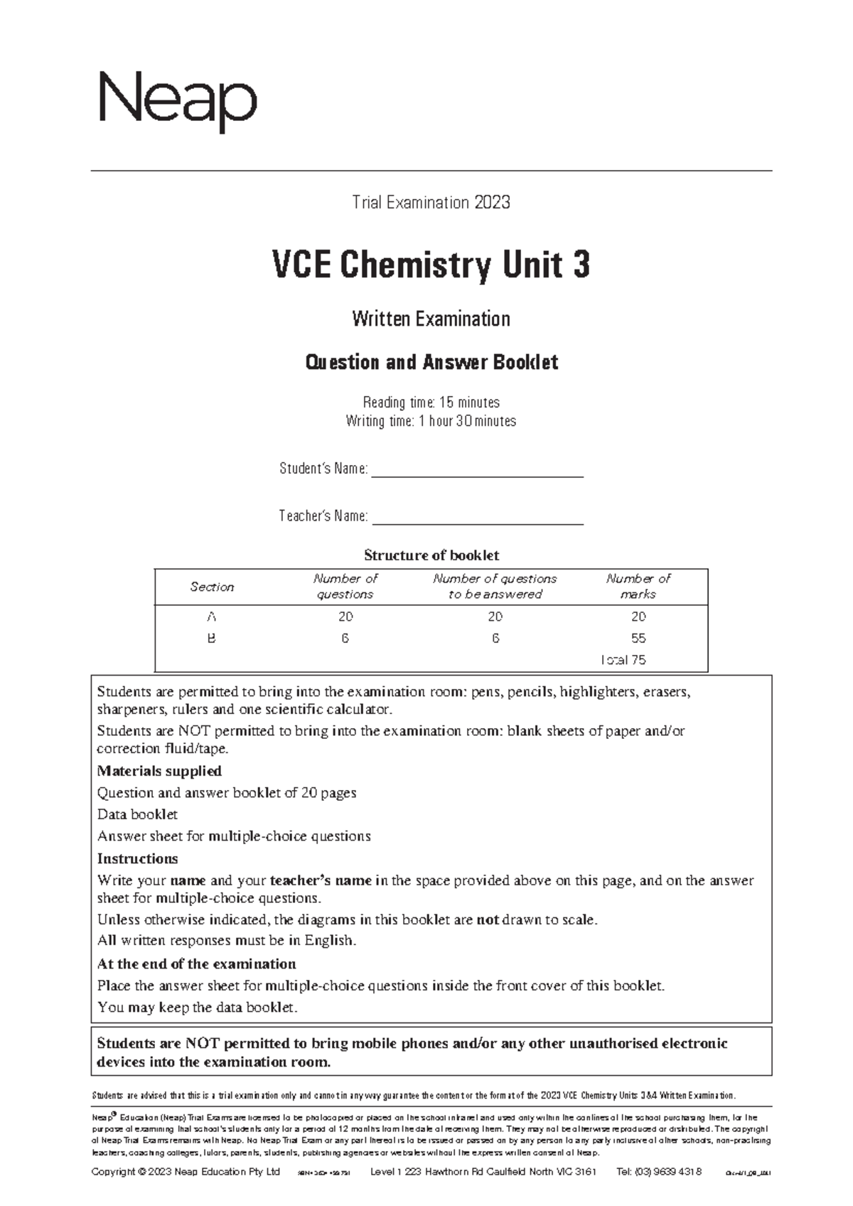 VCE Chemistry Unit 3 Question and Answer Booklet 2023 - Trial ...