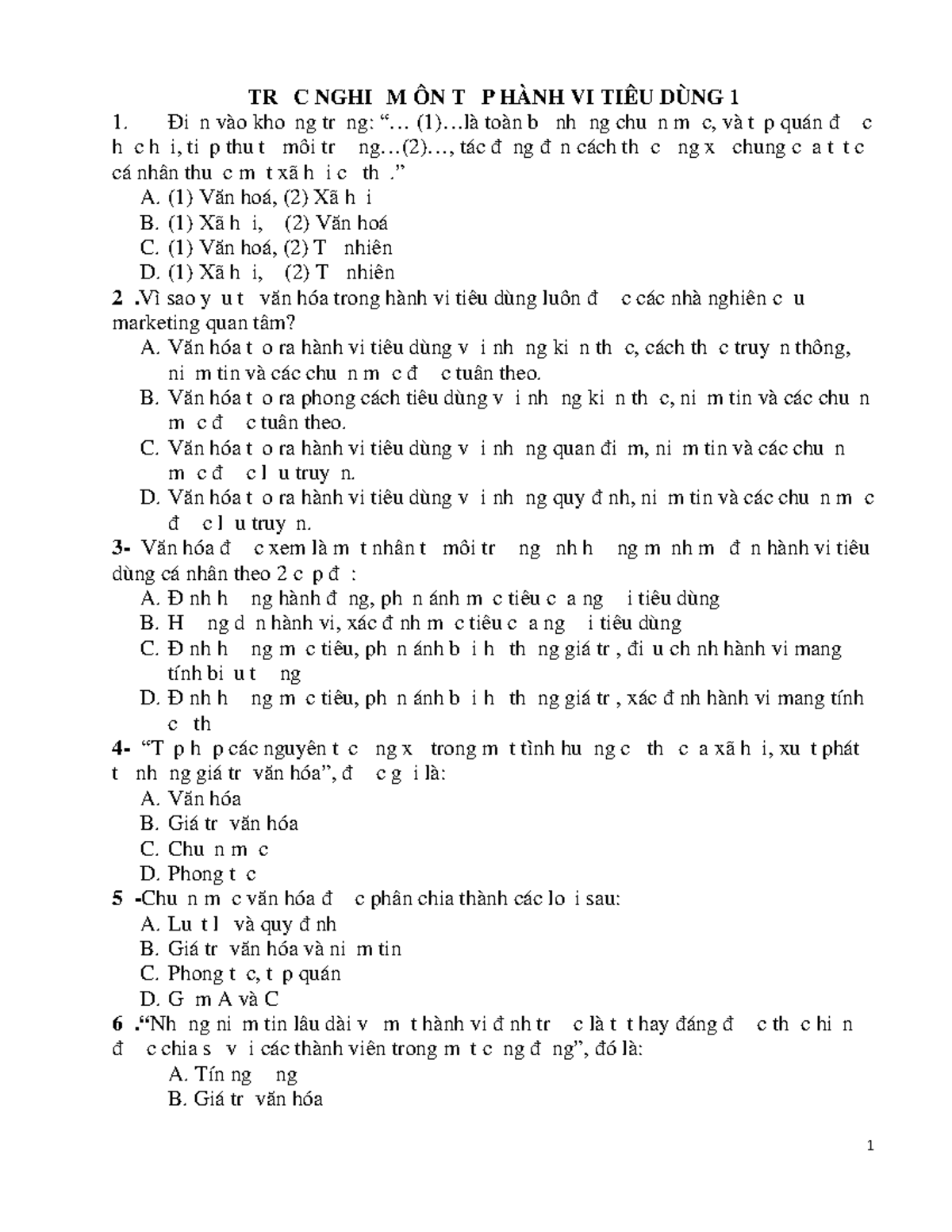 TRC Nghim ON TP HANH VI TIEU DUNG - TRẮ C NGHIỆ M ÔN TẬ P HÀNH VI TIÊU ...