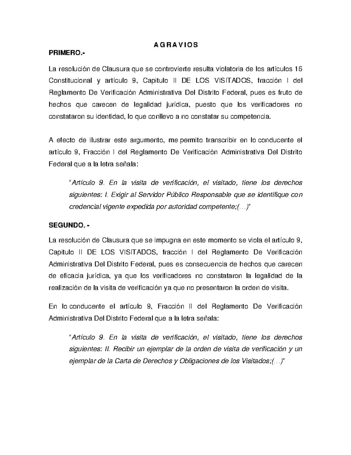 A G R A V I O S - Formulación de agravios - A G R A V I O S PRIMERO ...