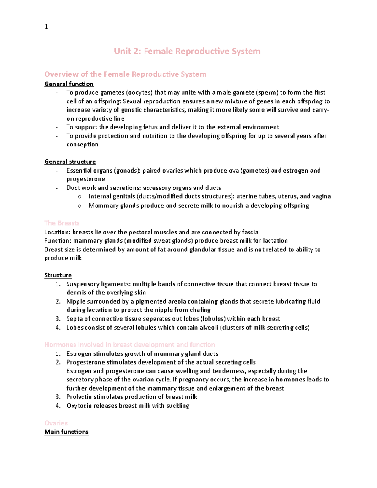 Female Reproductive - Notes from unit 2 - Unit 2: Female Reproductive ...