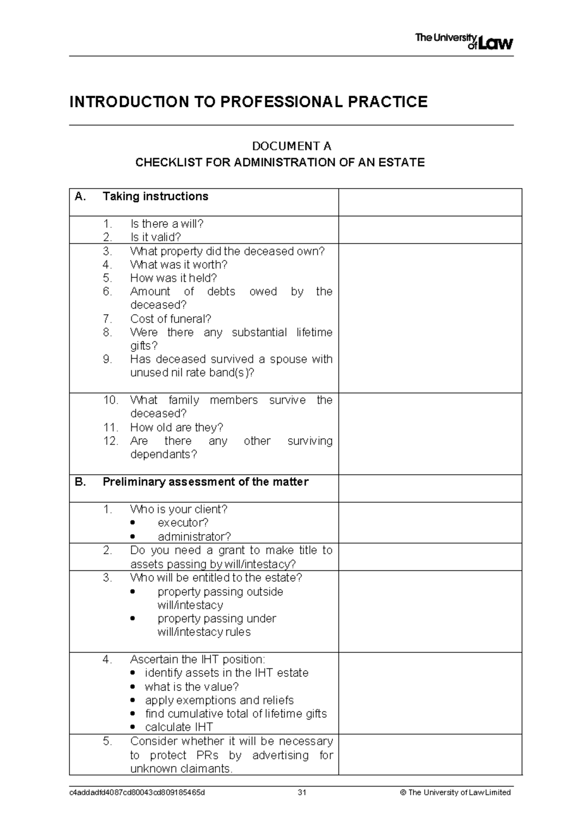 Administration of an Estate - Checklist - INTRODUCTION TO PROFESSIONAL ...