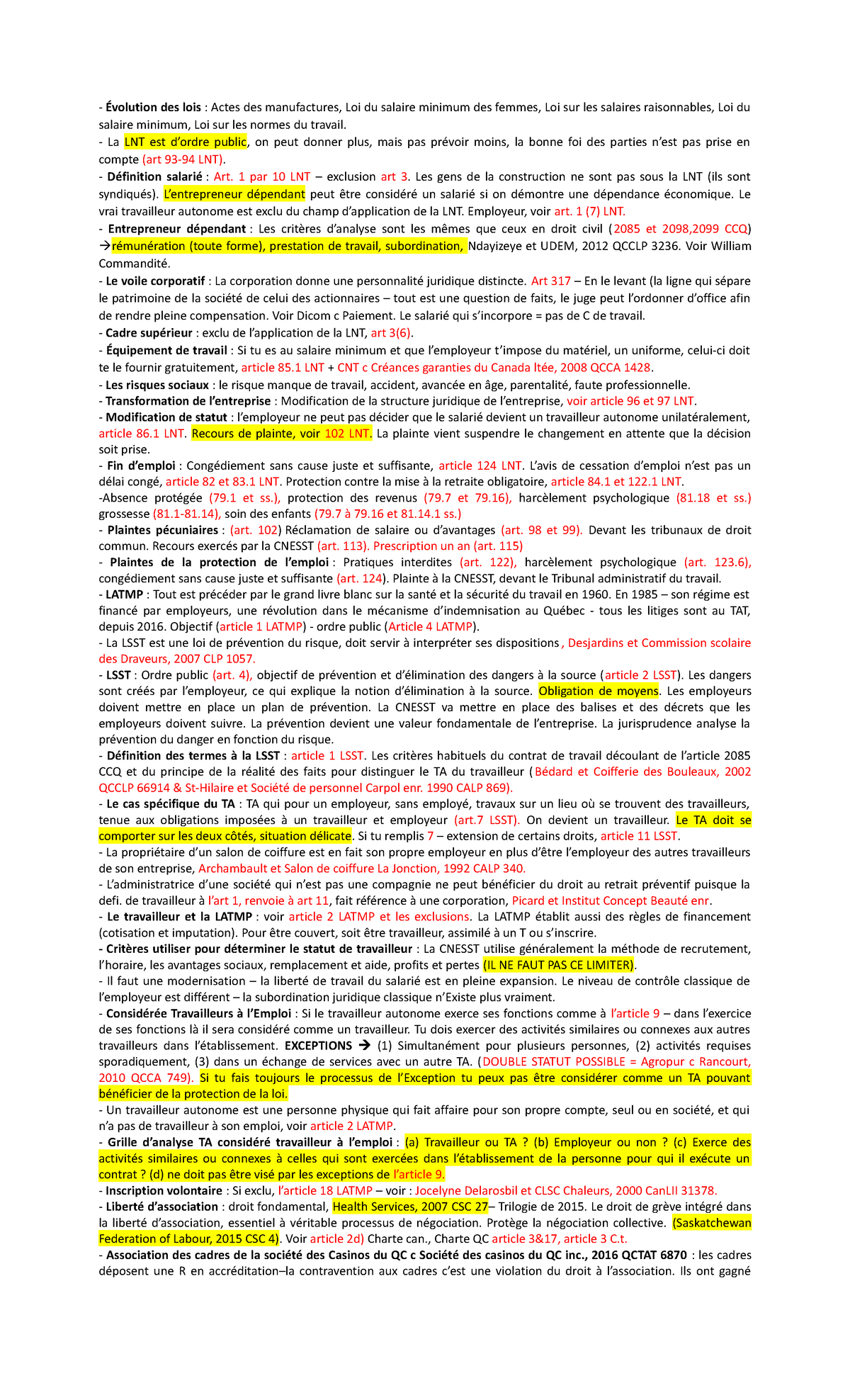 Cheat sheet - Final - Évolution des lois : Actes des manufactures, Loi ...