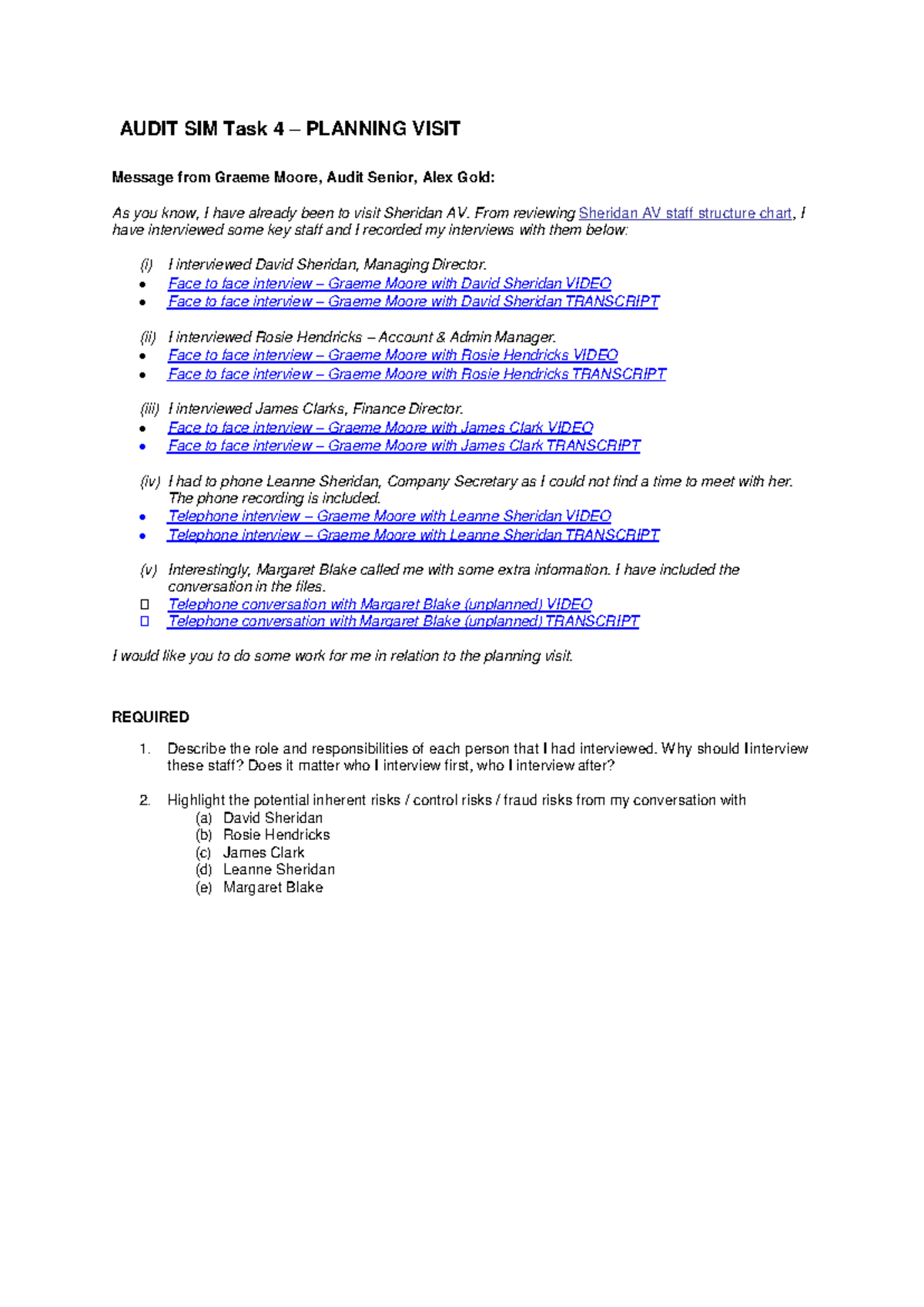 Audit SIM Task 04 Planning Visits - AUDIT SIM Task 4 – PLANNING VISIT ...