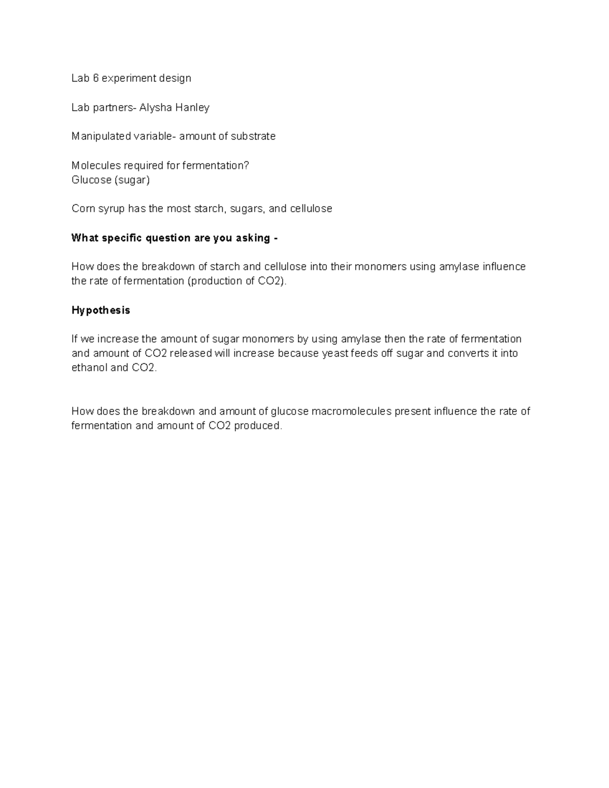 Lab 6 experiment design - Lab 6 experiment design Lab partners- Alysha ...