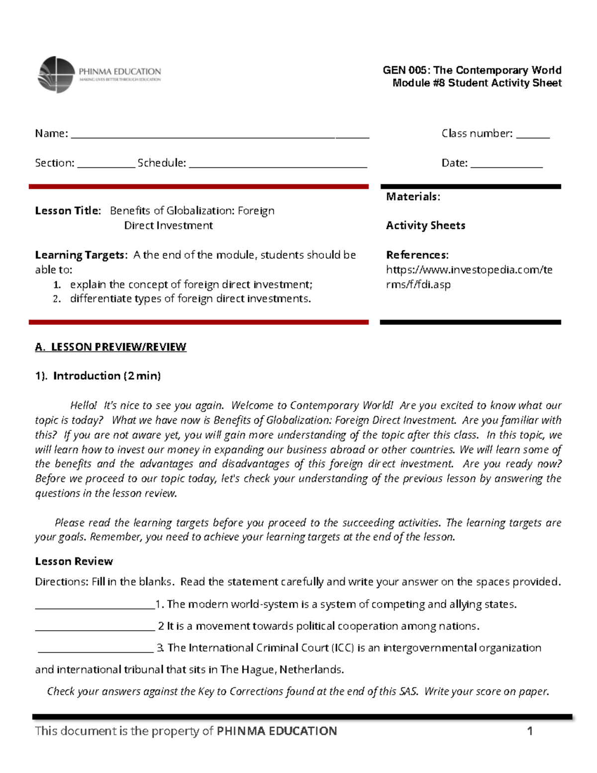 Gen 8 - ans - Module #8 Student Activity Sheet Name: - Studocu