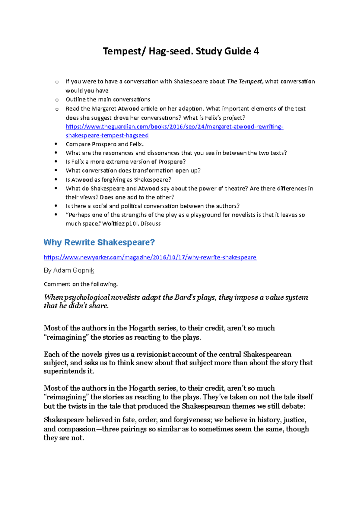 Tempest.- Hag-seed SG4 - Tempest/ Hag-seed. Study Guide 4 o If you were ...