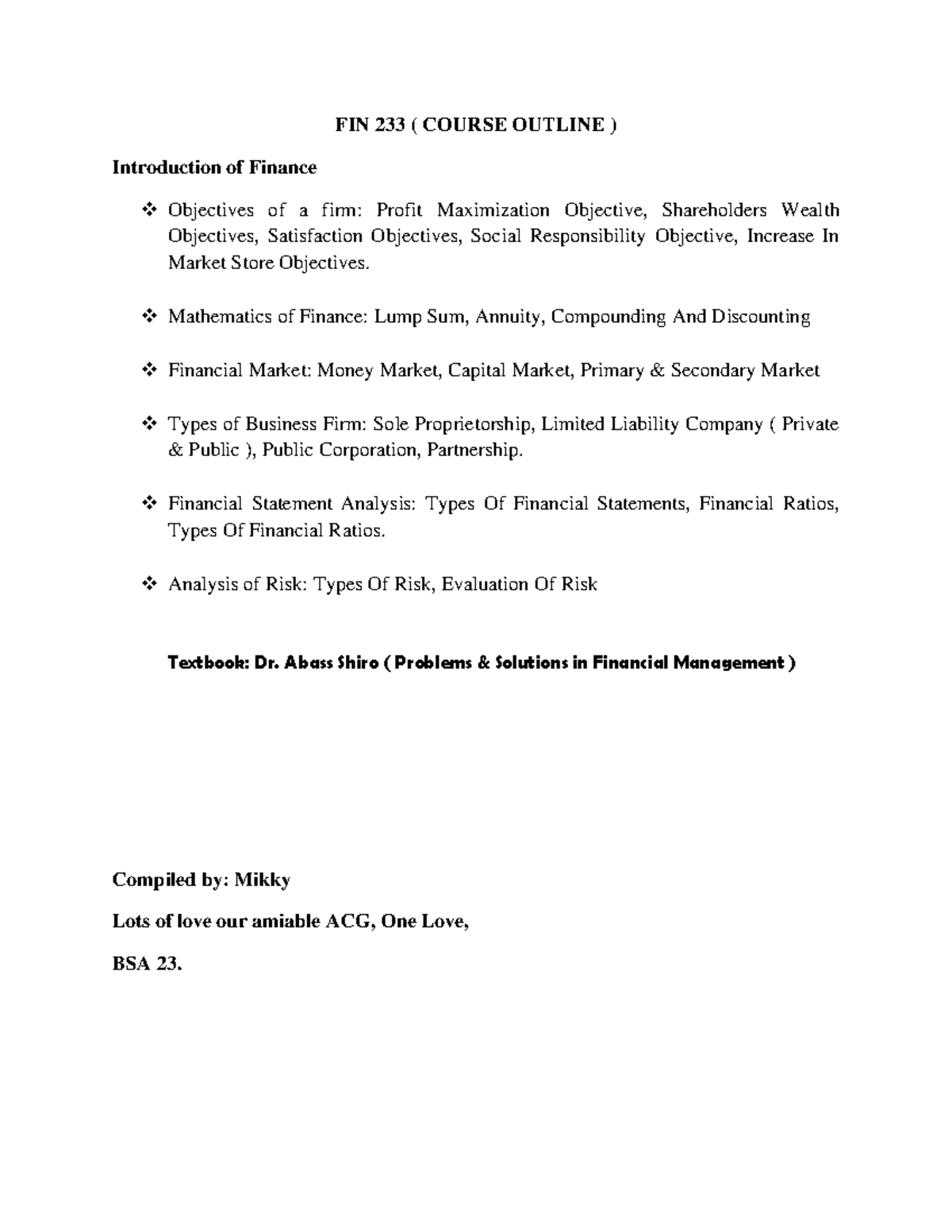 FIN 233 ( Course Outline ) - FIN 233 ( COURSE OUTLINE ) Introduction of ...