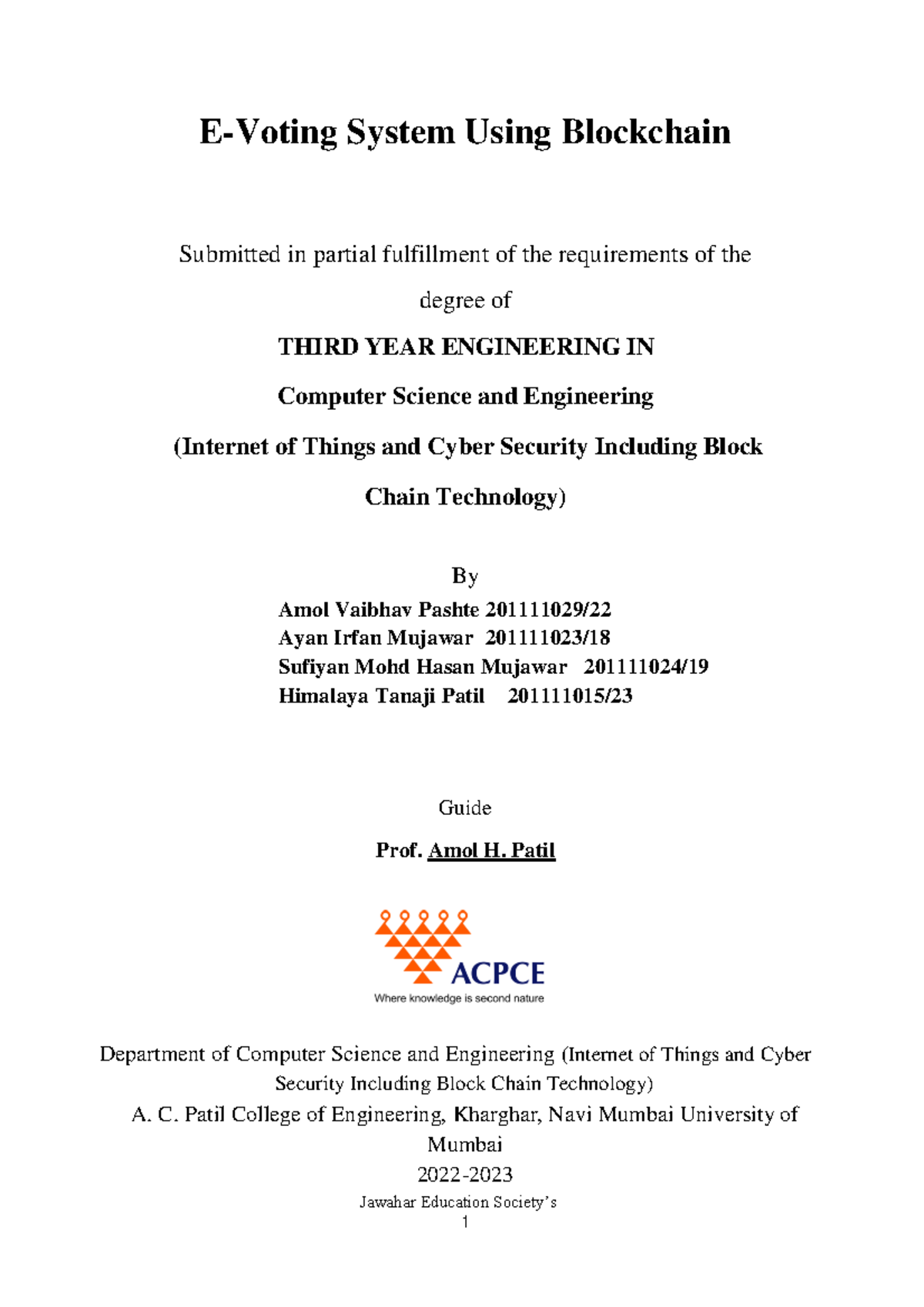 Report mainnnn wala - E-Voting System Using Blockchain Submitted in partial fulfillment of the ...