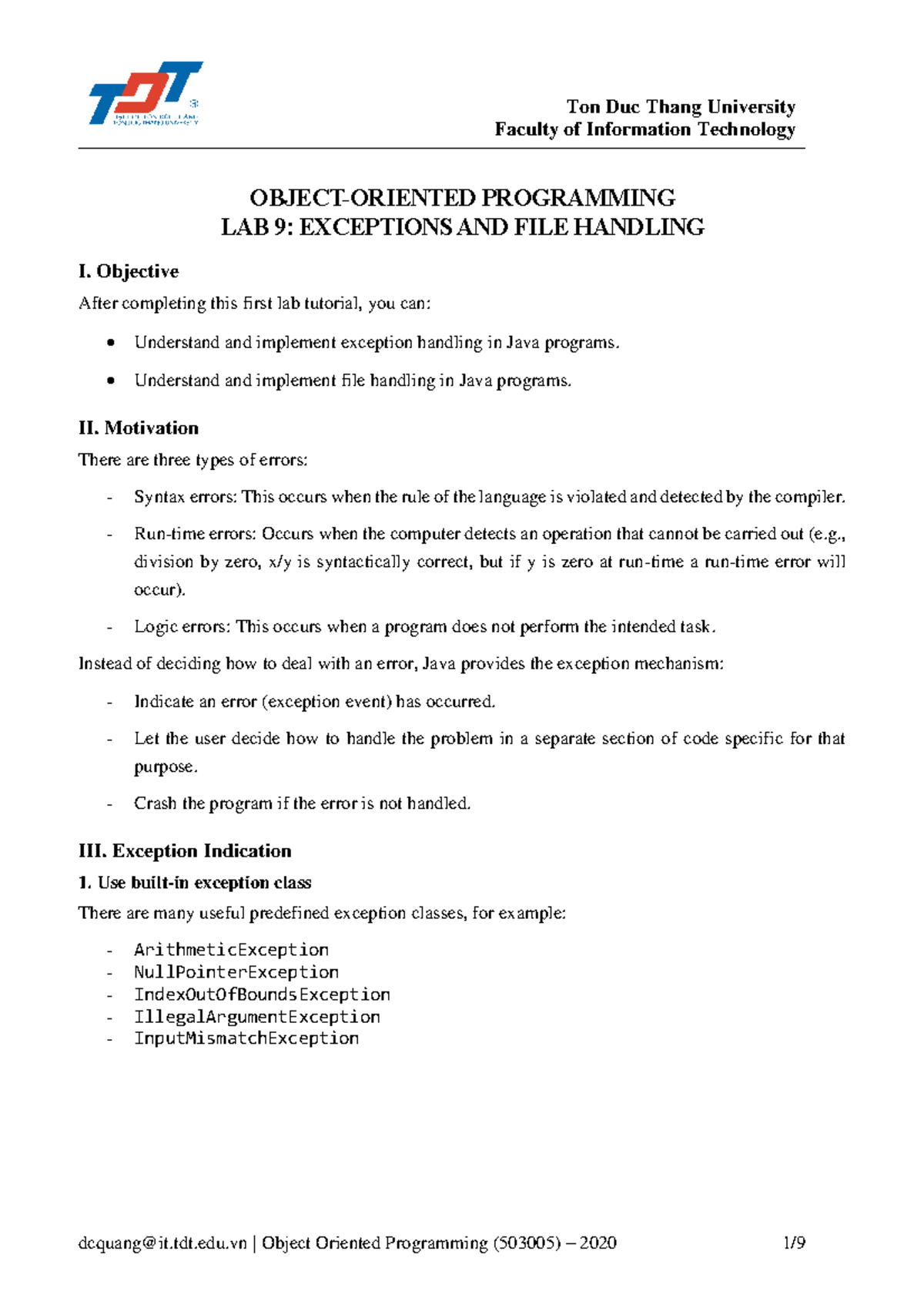 Lab9 - Bài tập về nhà tuần 9 - Faculty of Information Technology OBJECT-ORIENTED PROGRAMMING LAB ...