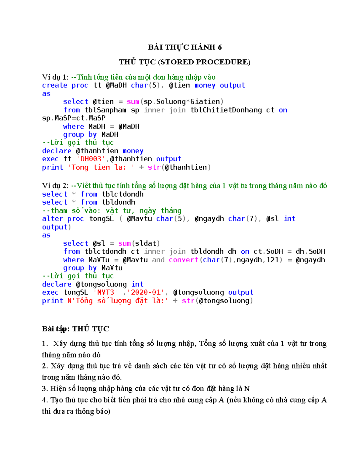 Sql BÀi ThỰc HÀnh 6 Procedure BÀi ThỰc HÀnh 6 ThỦ TỤc Stored Procedure Ví Dụ 1 Tính Tổng