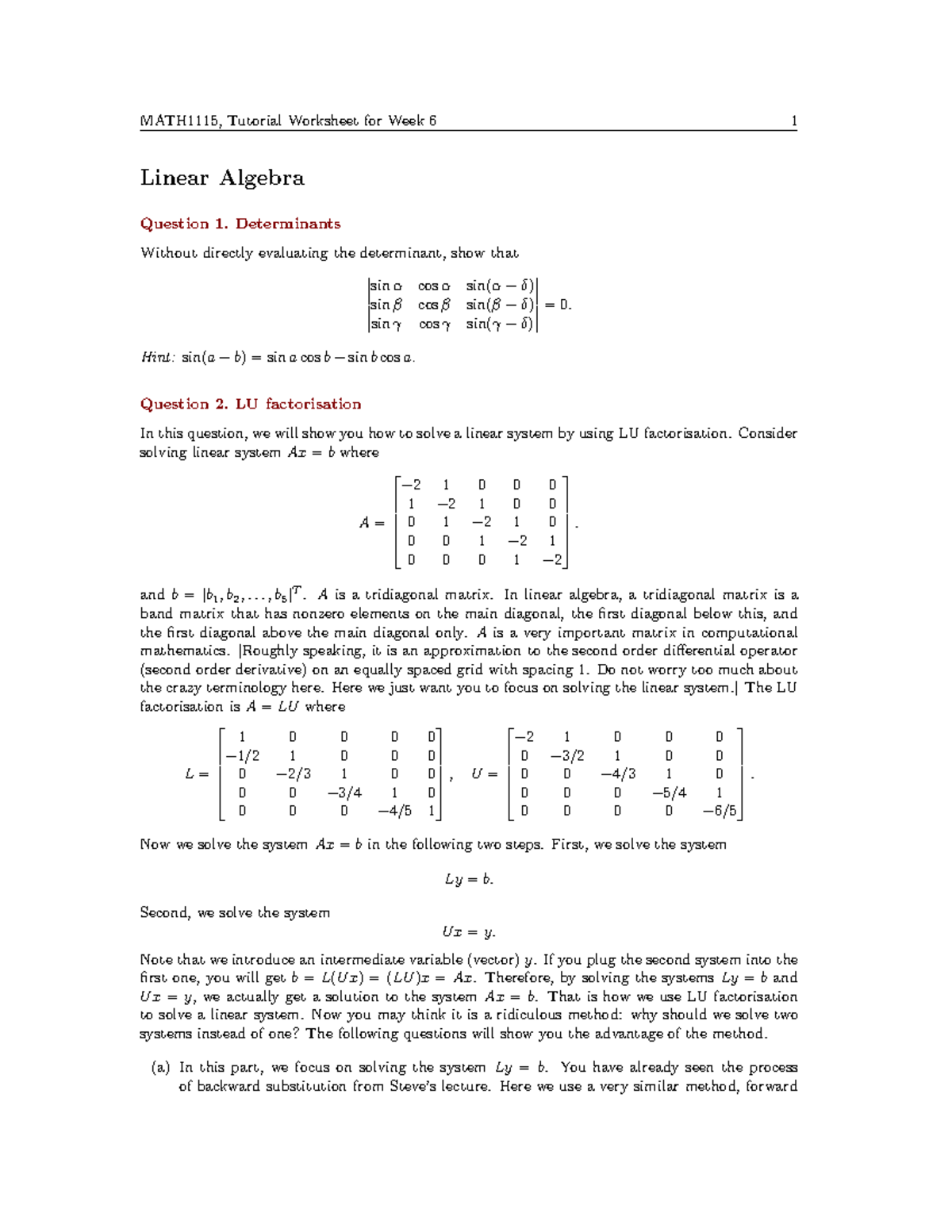 MATH1115 2021 S1 worksheet 4 - MATH1115, Tutorial Worksheet for Week 6 1 Linear Algebra Question ...