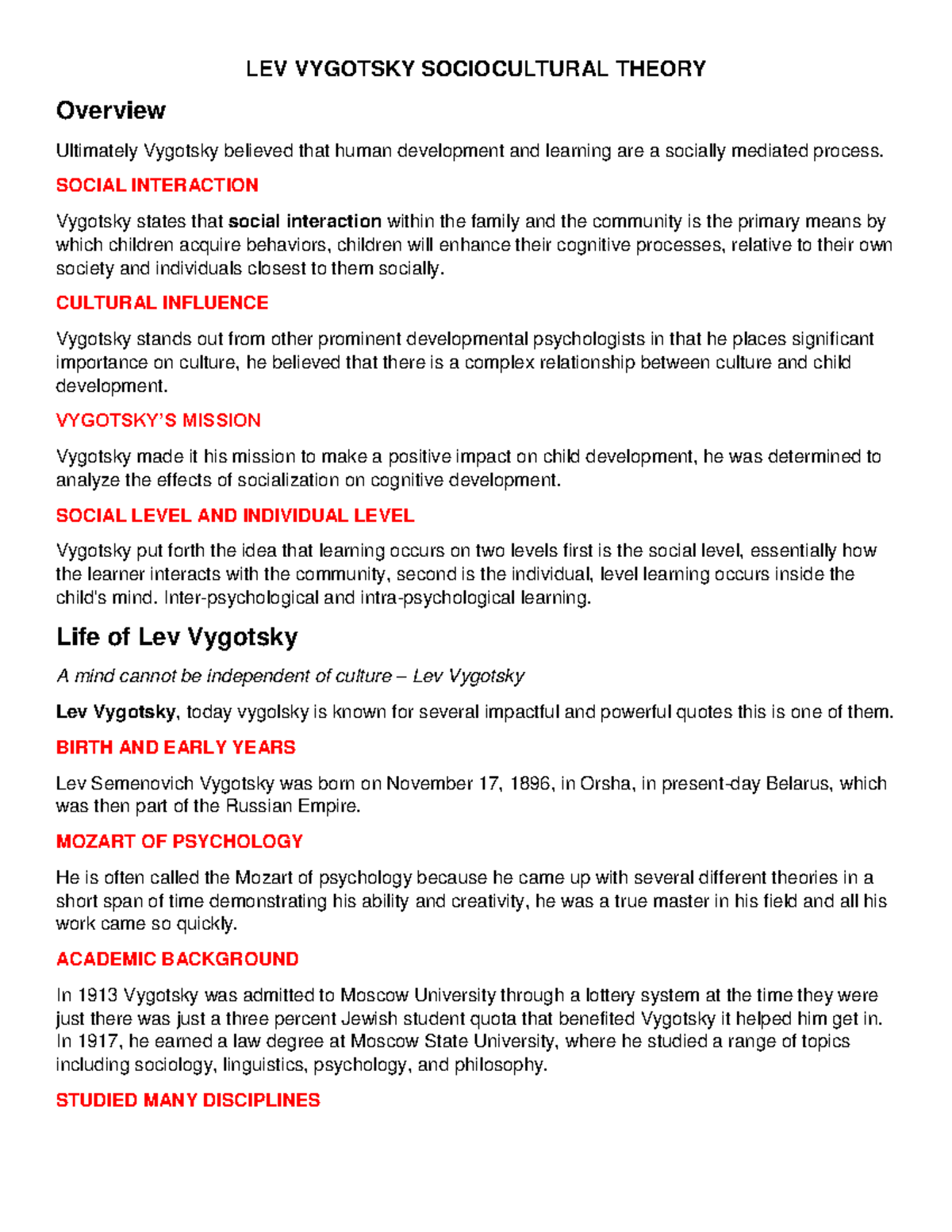 LEV Vygotsky Sociocultural Theory - LEV VYGOTSKY SOCIOCULTURAL THEORY ...