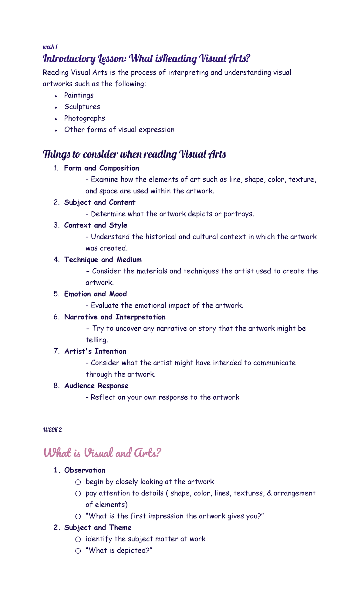 ELEC Reviewer - week 1 Introductory Lesson: What isReading Visual Arts ...